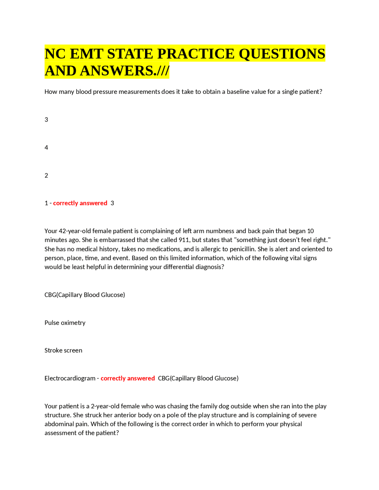 NC EMT State Practice Questions and Answers | Exams Health sciences ...