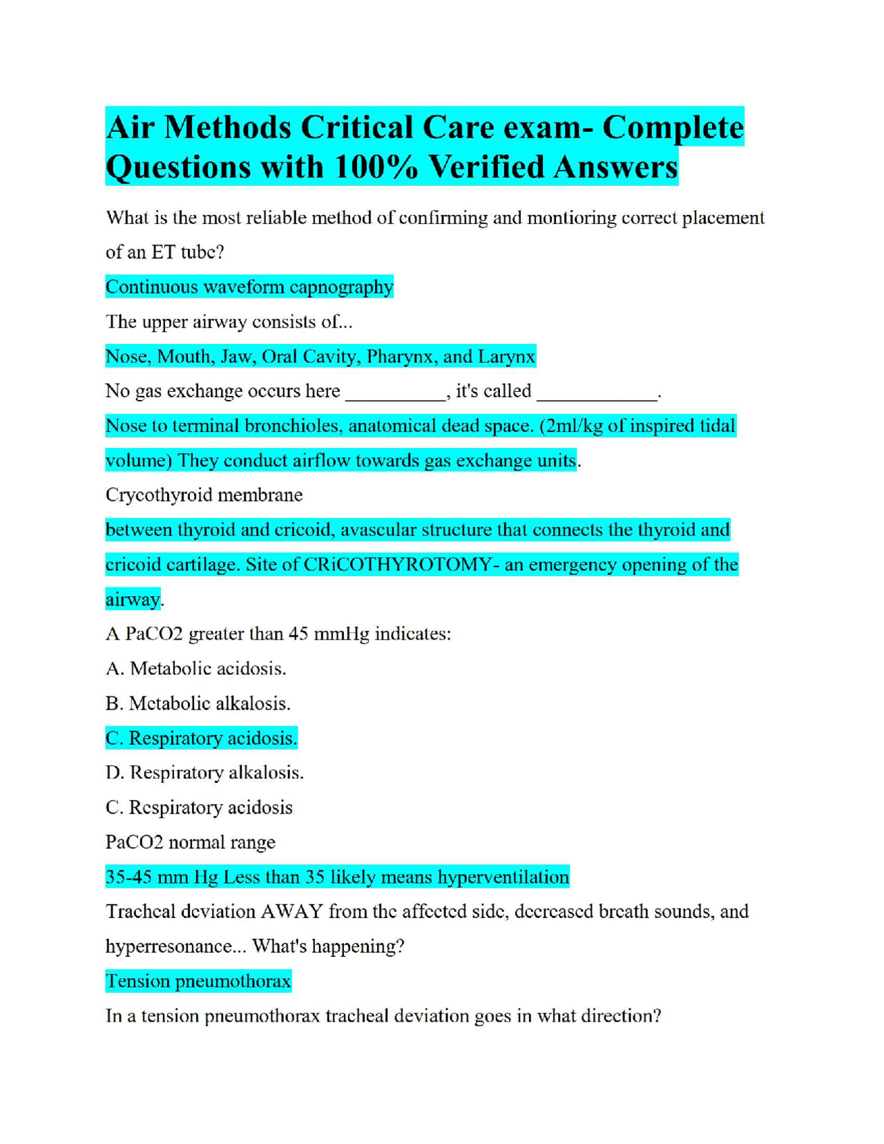 Air Methods Critical Care exam- Complete Questions with 100% Verified ...