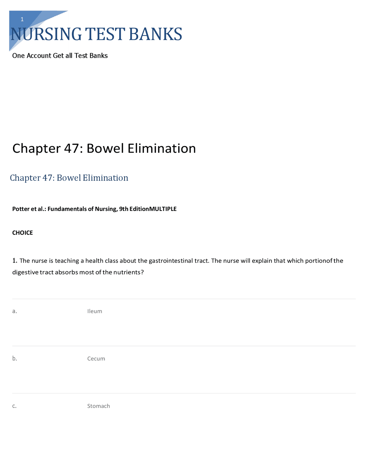 Nursing Test Bank: Bowel Elimination - Fundamentals of Nursing, 9th ...
