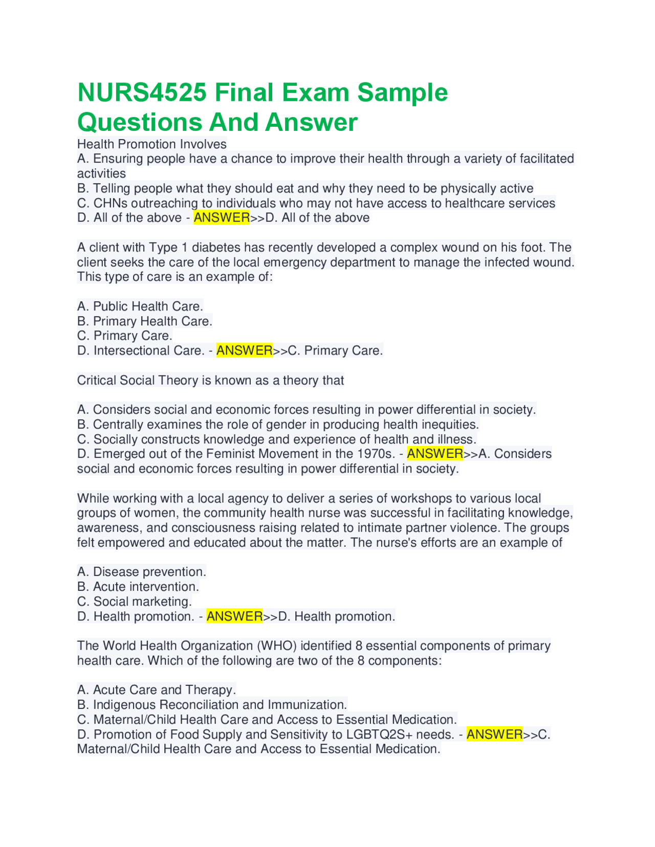 NURS4525 Final Exam Sample Questions And Answer | Exams Nursing | Docsity