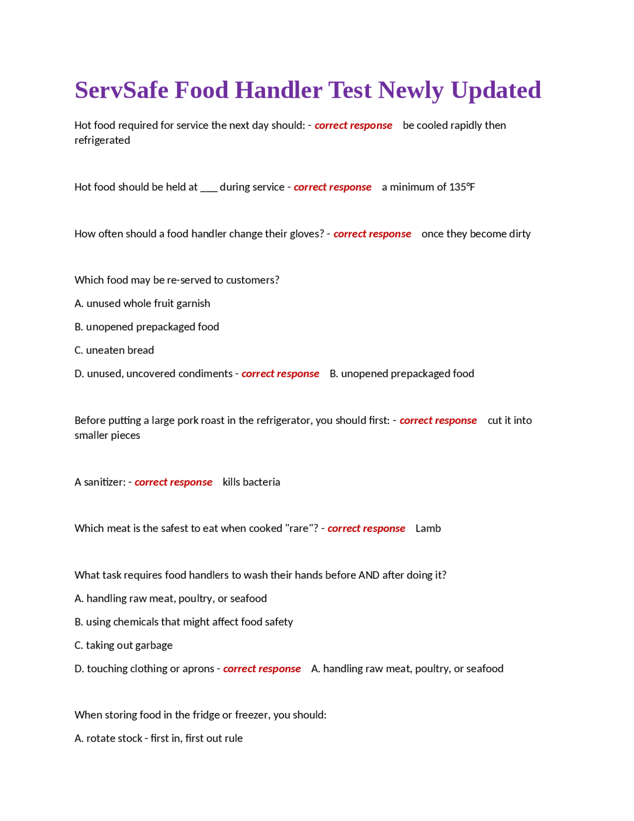 ServSafe Food Handler Test: Questions and Answers | Exams Health ...
