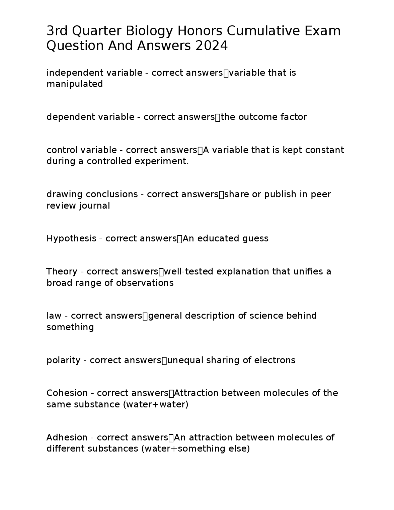 3rd Quarter Biology Honors Cumulative Exam: Questions and Answers 2024 ...