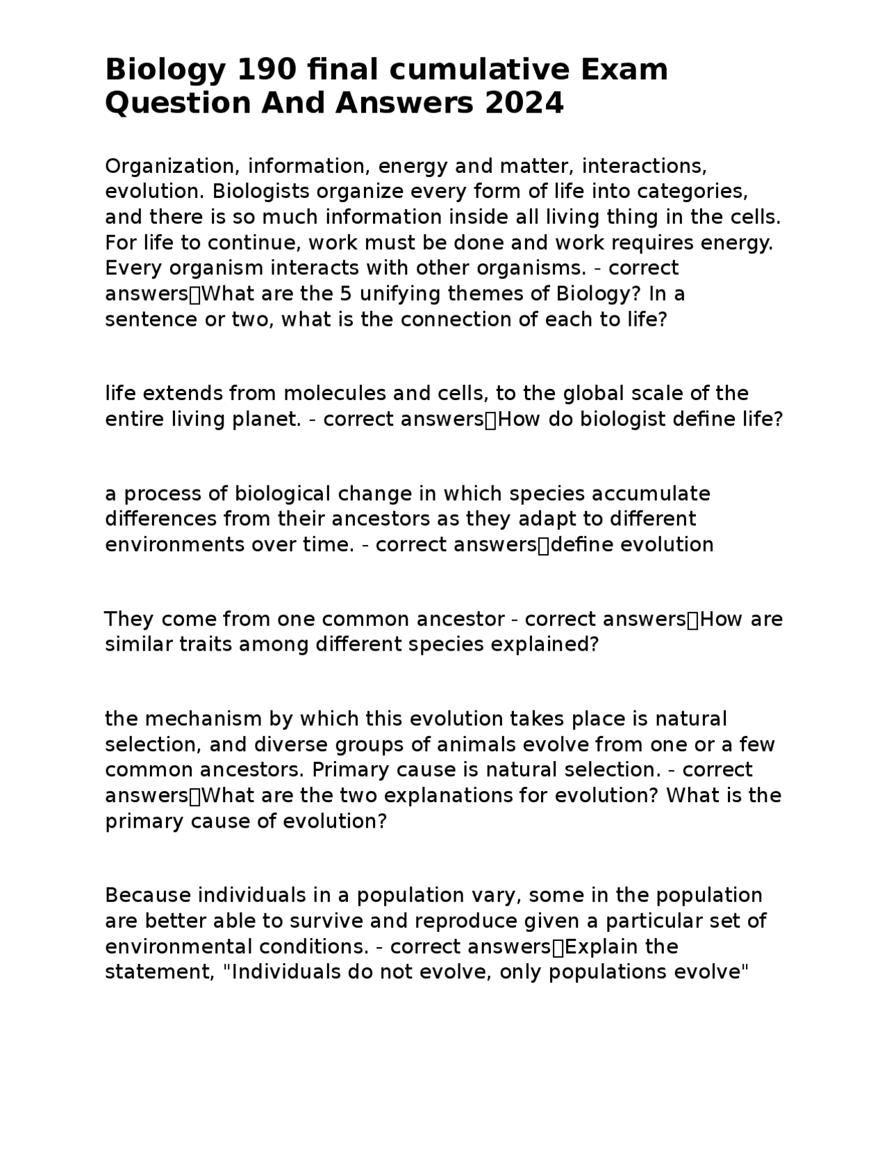 Biology 190 final cumulative Exam Question And Answers 2024 | Exams ...