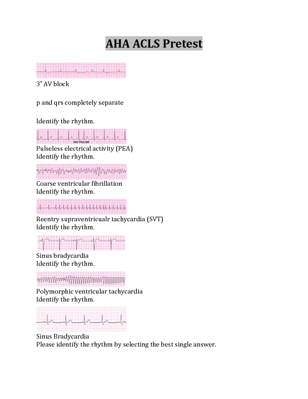 AHA ACLS Pretest: Identifying Cardiac Rhythms and Treatment Scenarios ...