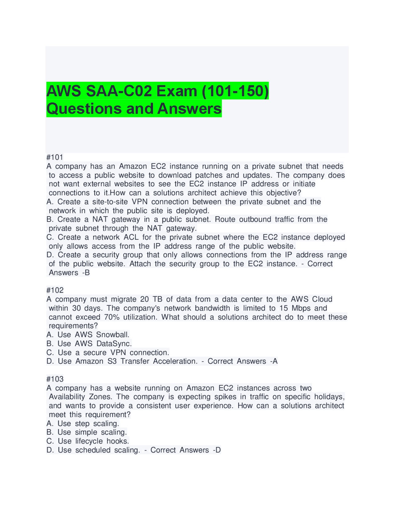 AWS SAA-C02 Exam (101-150) Questions and Answers | Exams Advanced Education | Docsity