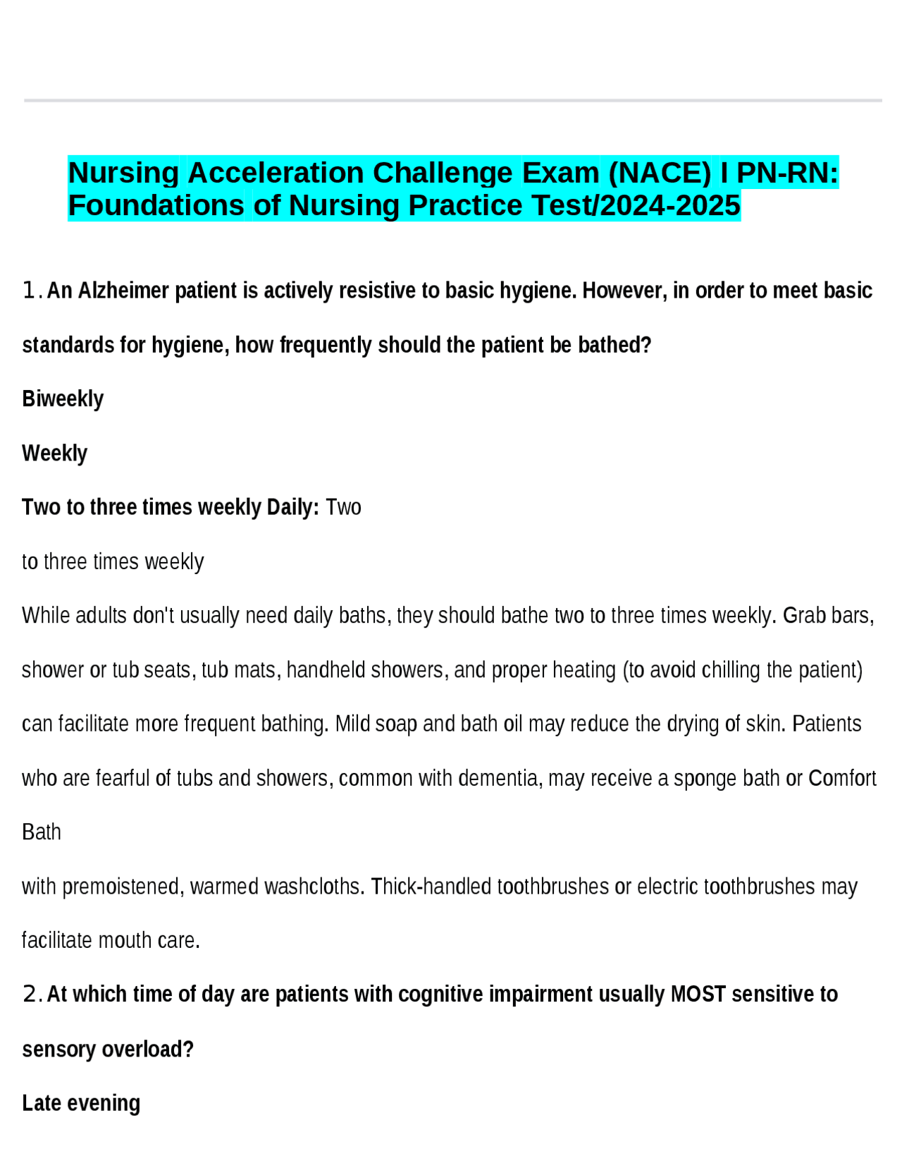 Nursing Acceleration Challenge Exam (NACE) I PN-RN: Foundations of ...