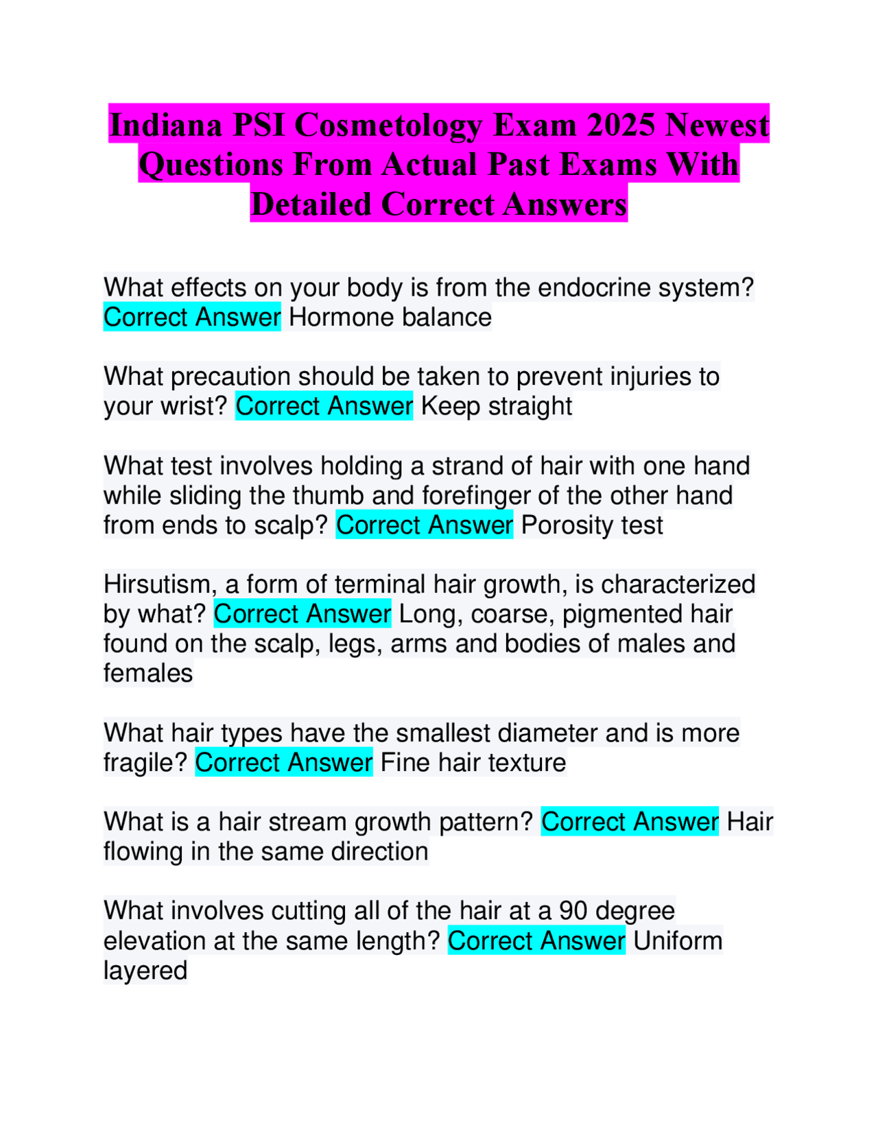 Indiana PSI Cosmetology Exam 2025: Practice Questions and Answers ...