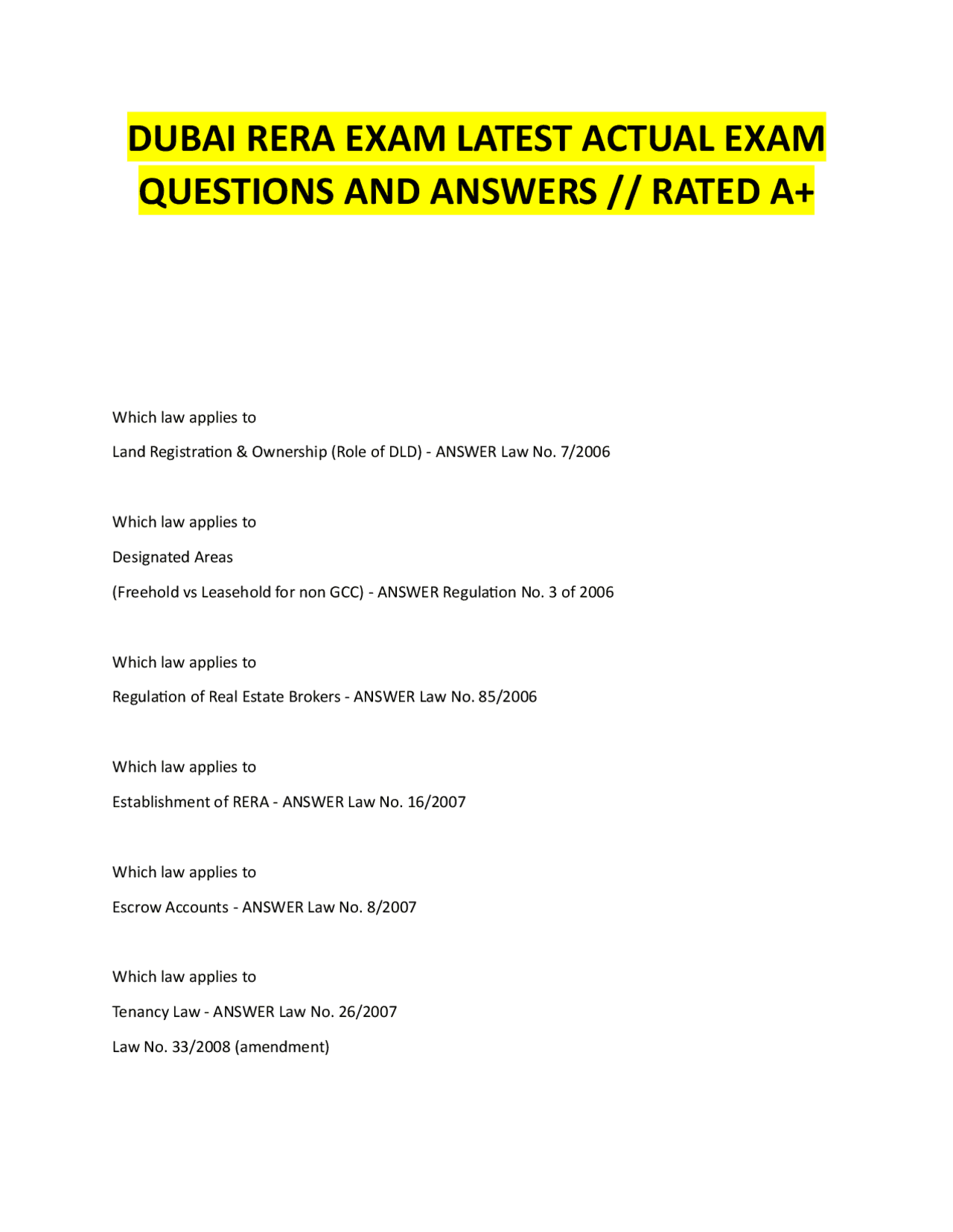 Dubai Real Estate Regulatory Authority (RERA) Exam Questions and ...
