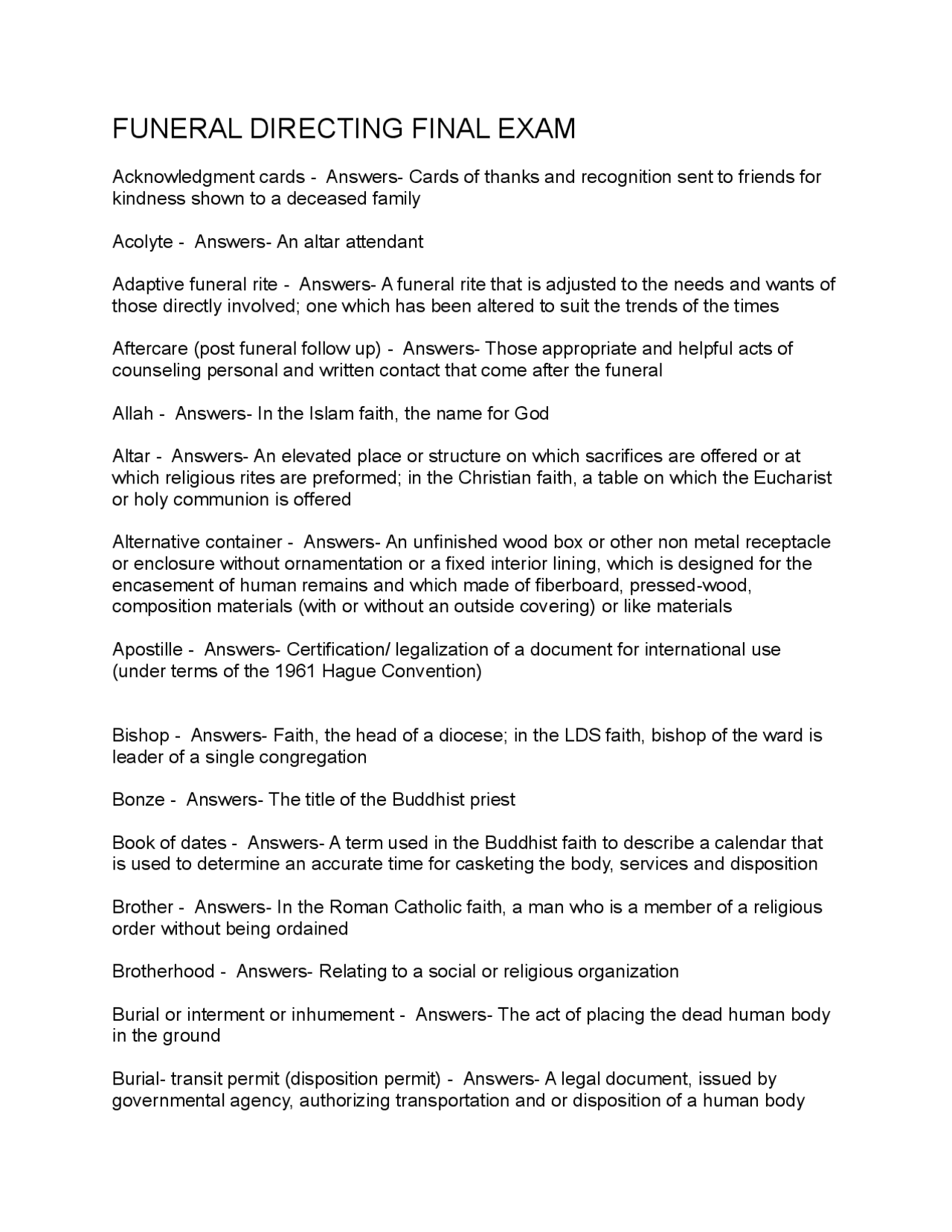 Funeral Directing Final Exam Glossary | Exams Social Sciences | Docsity