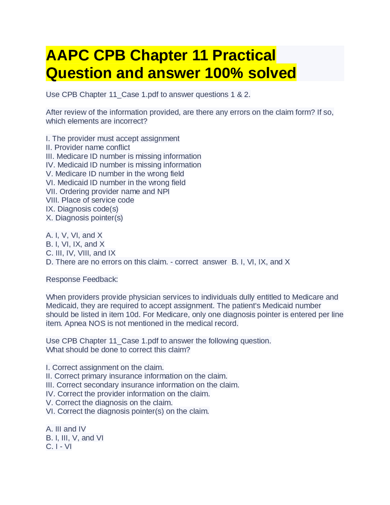 AAPC CPB Chapter 11 Practical Question and answer 100% correct 2024 | Exams Nursing | Docsity