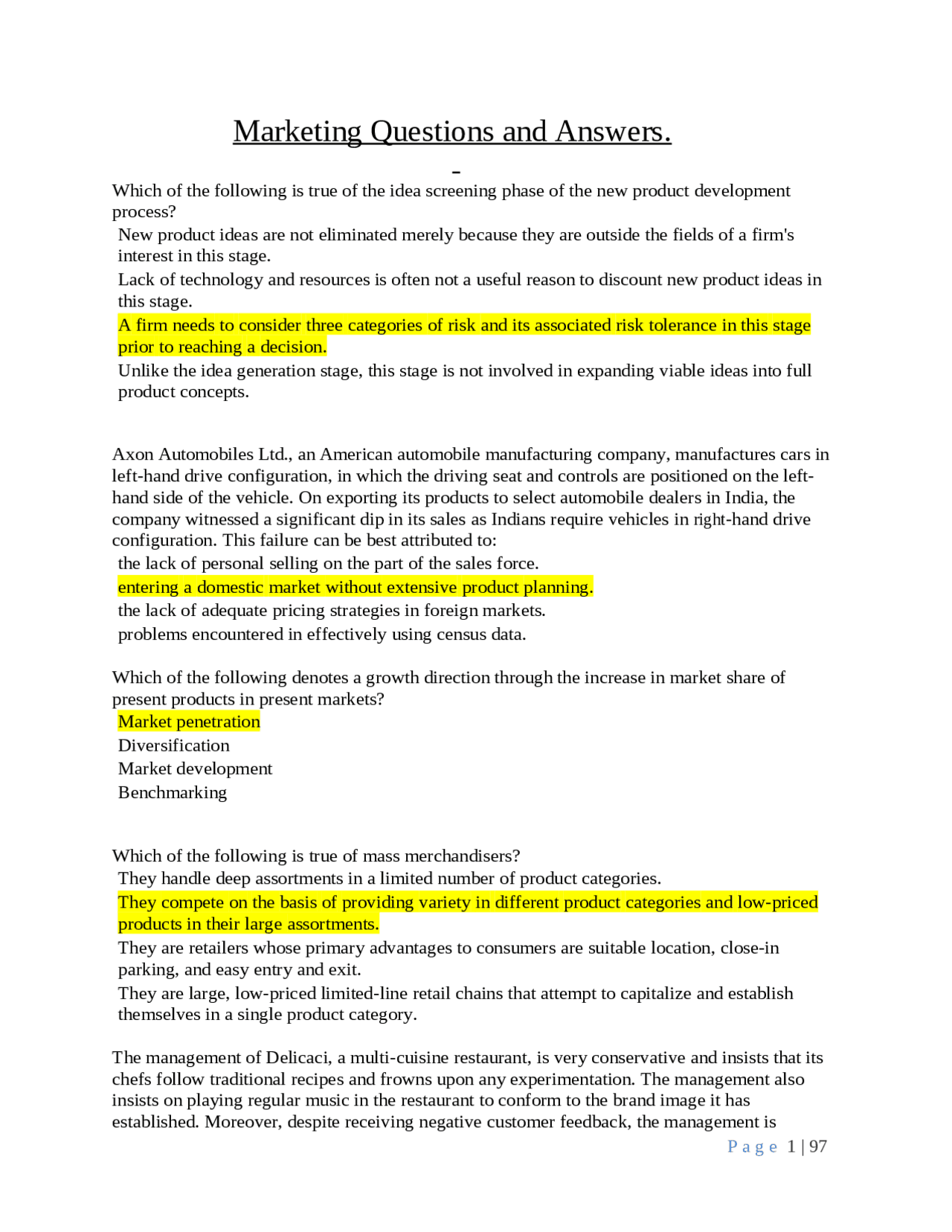 Marketing Multiple Choice Questions and Answers | Exams Marketing | Docsity