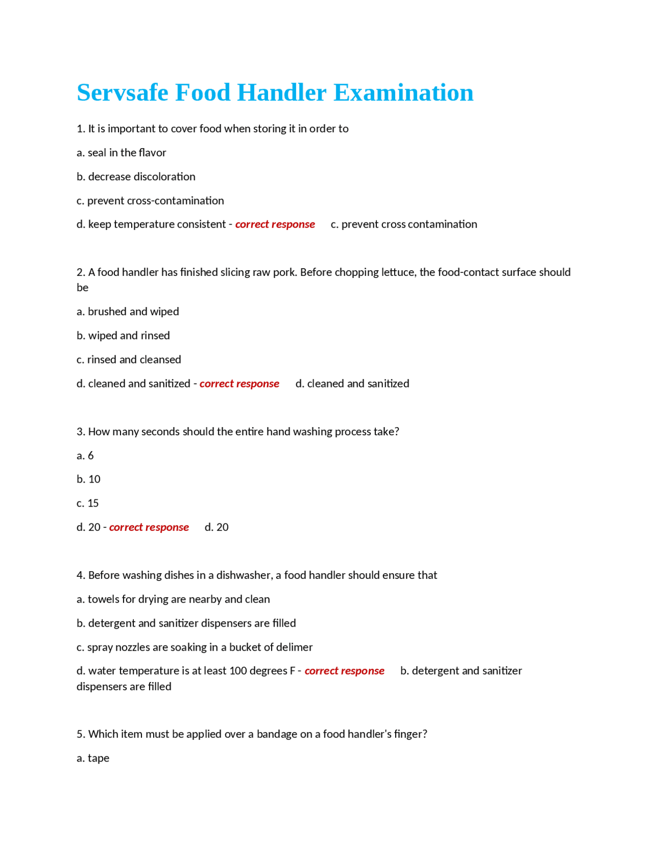 Servsafe Food Handler Examination | Exams Health sciences | Docsity