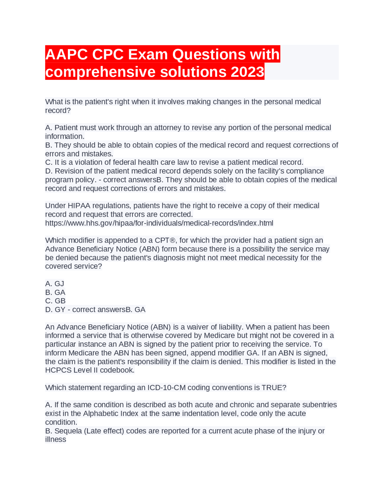 AAPC CPC Exam Questions and Answers: Medical Coding Practice | Exams Nursing | Docsity