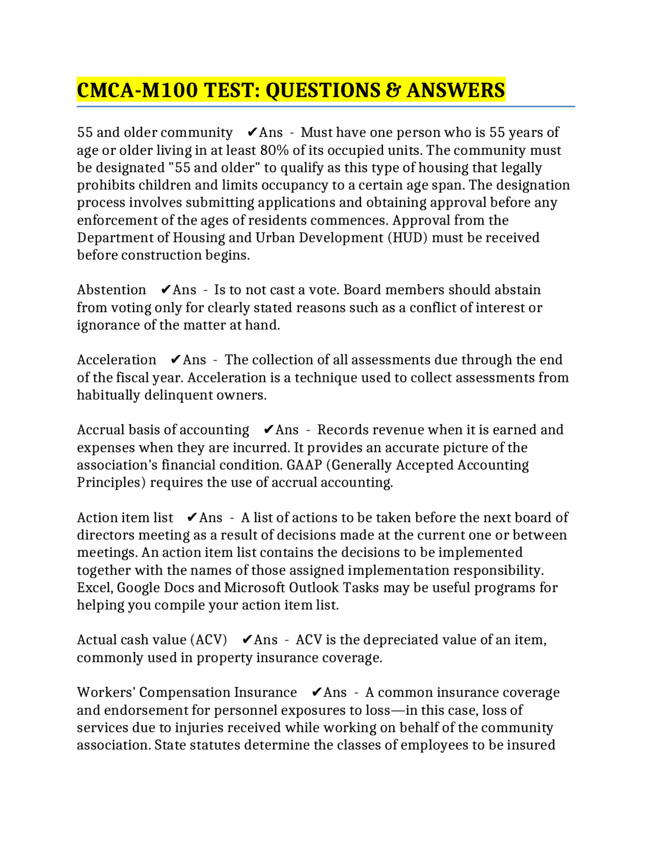 CMCA-M100 Test: Questions & Answers for Community Association ...