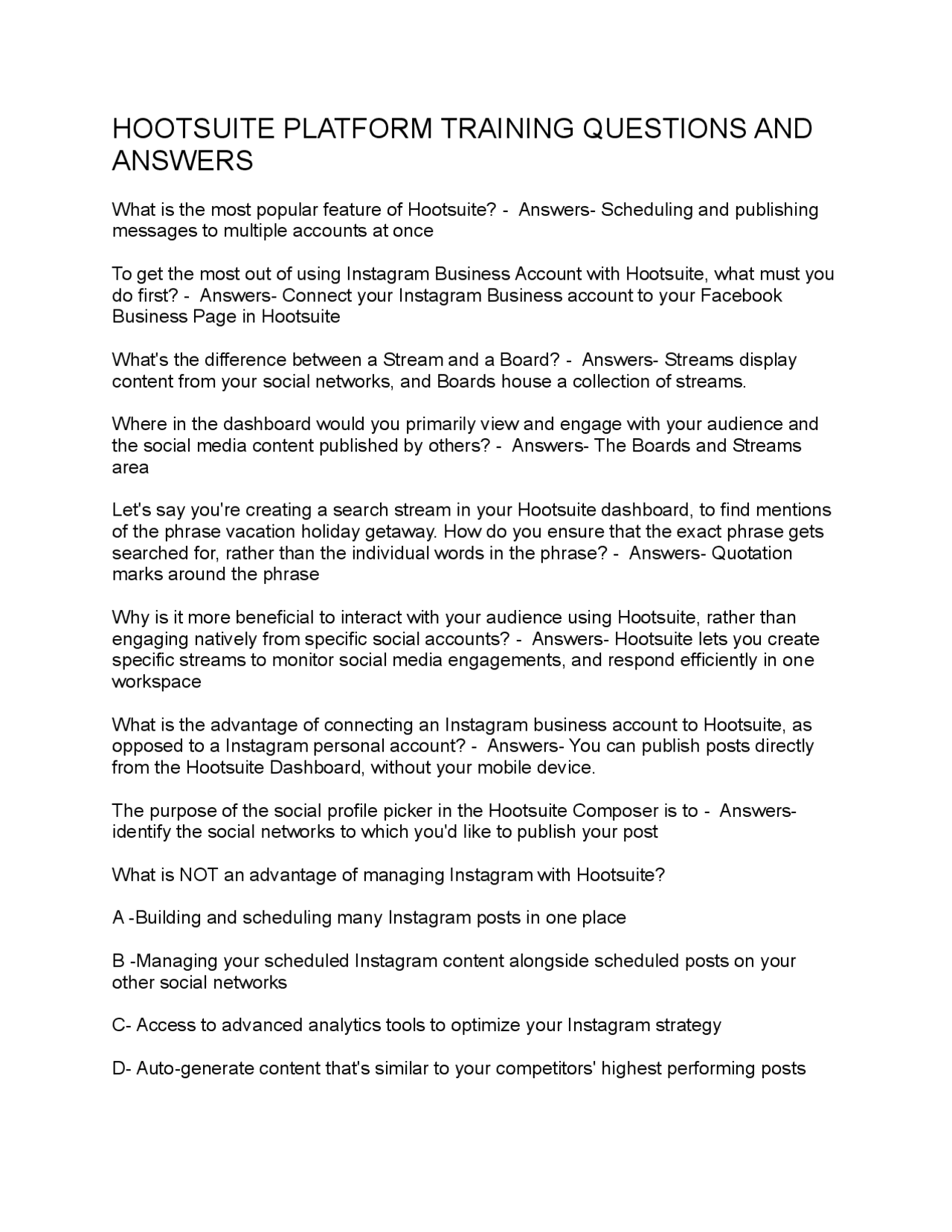 Hootsuite Platform Training Questions and Answers | Exams Social Sciences | Docsity