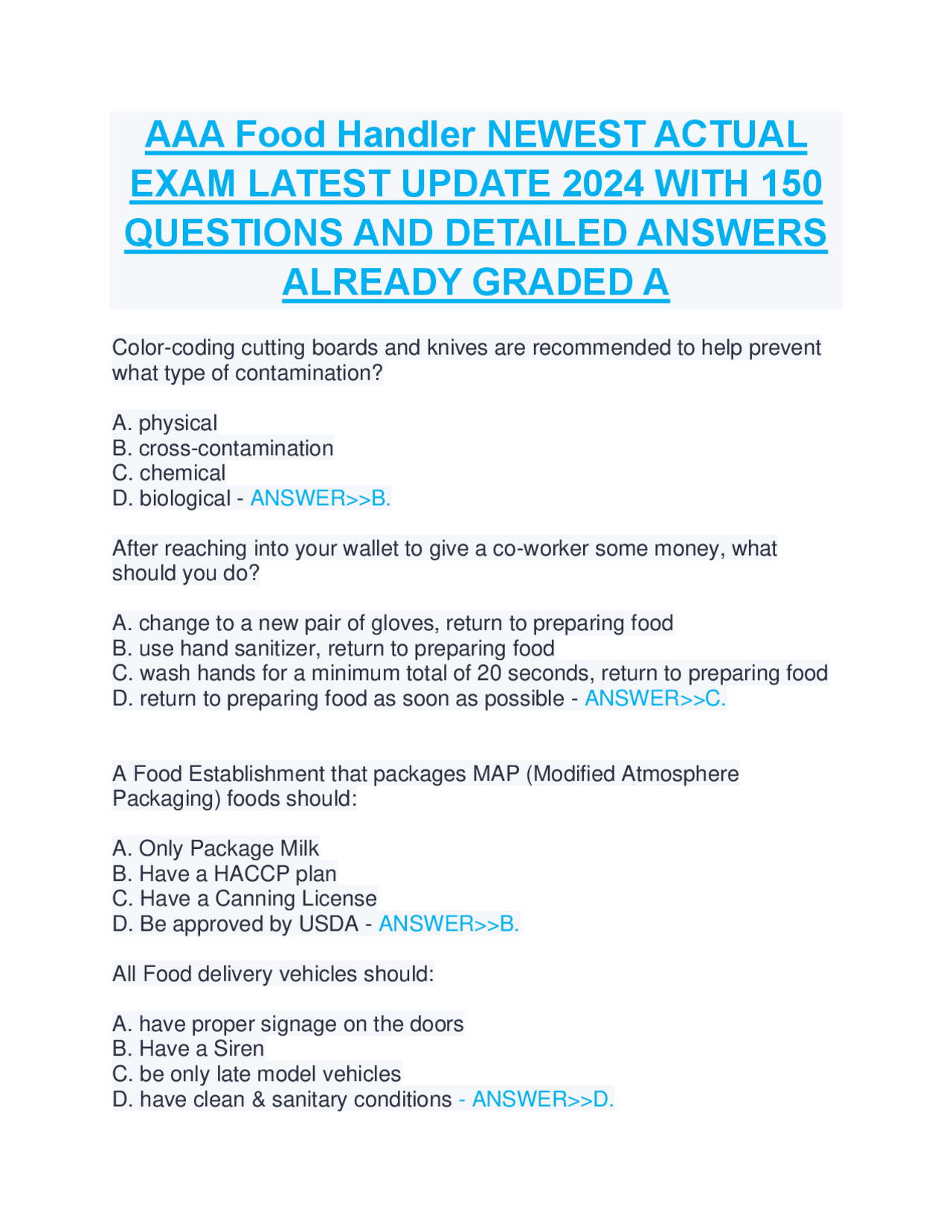 Food Handler Exam Questions and Answers: Latest Update 2024 | Exams ...