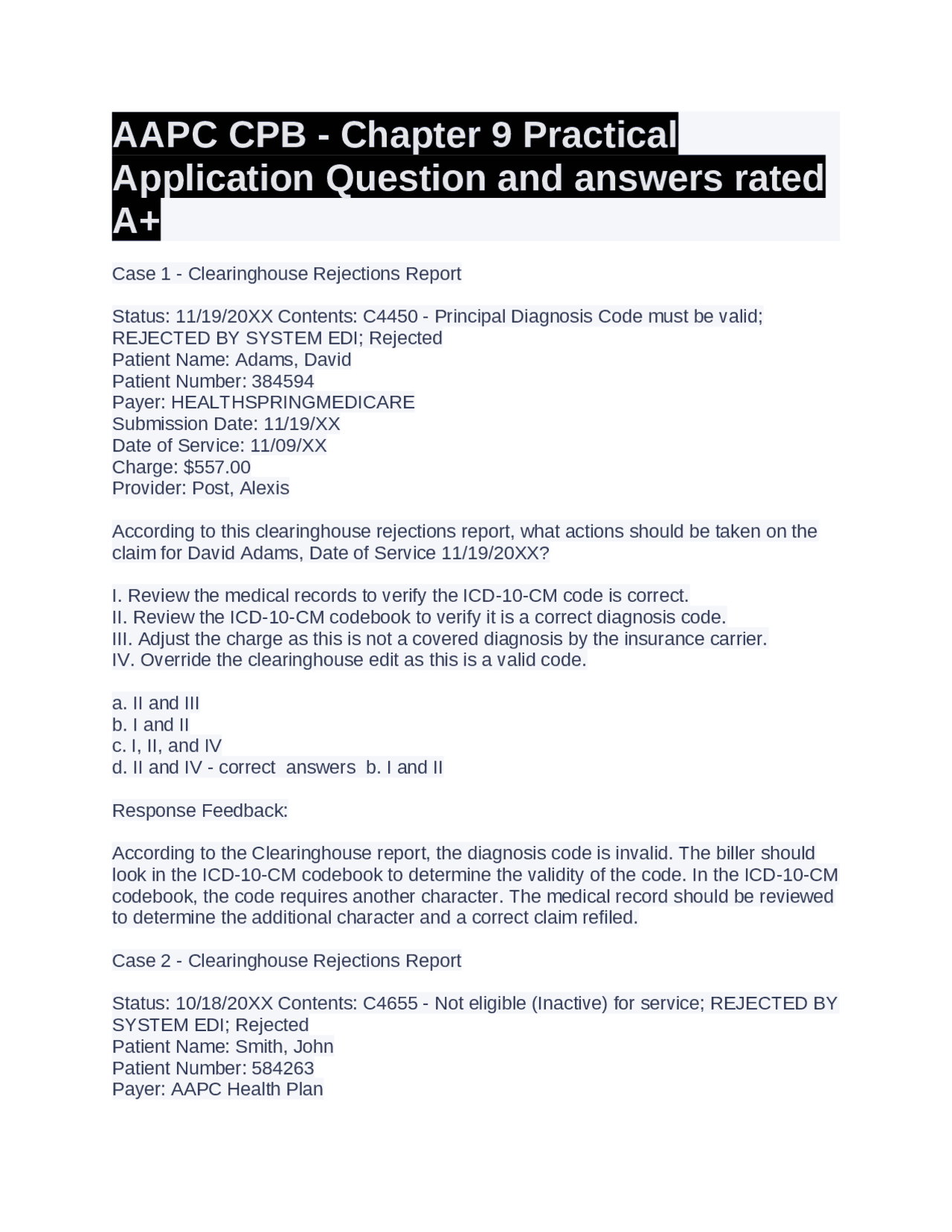 AAPC CPB - Chapter 9: Clearinghouse Rejections & Preauthorization Exercises | Exams Nursing ...