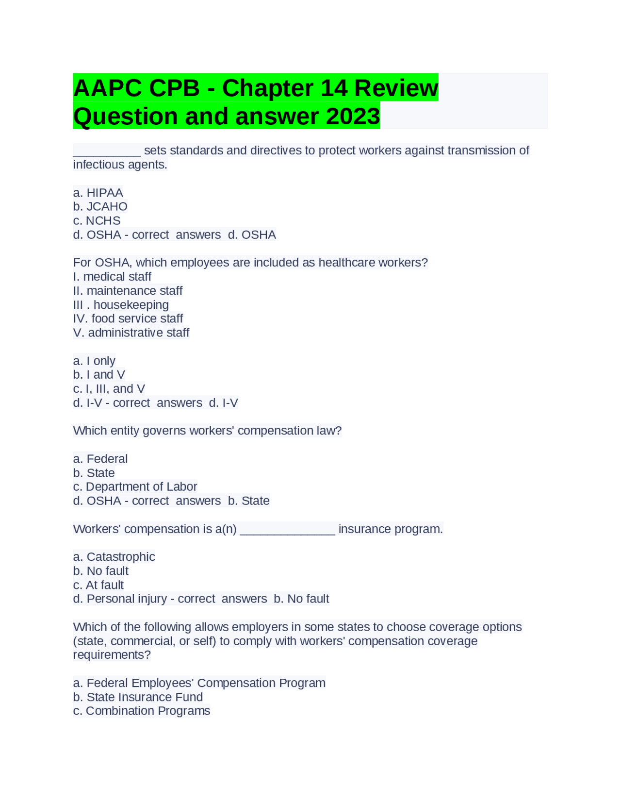 AAPC CPB - Chapter 14 Review: Questions and Answers 2023 | Exams Nursing | Docsity