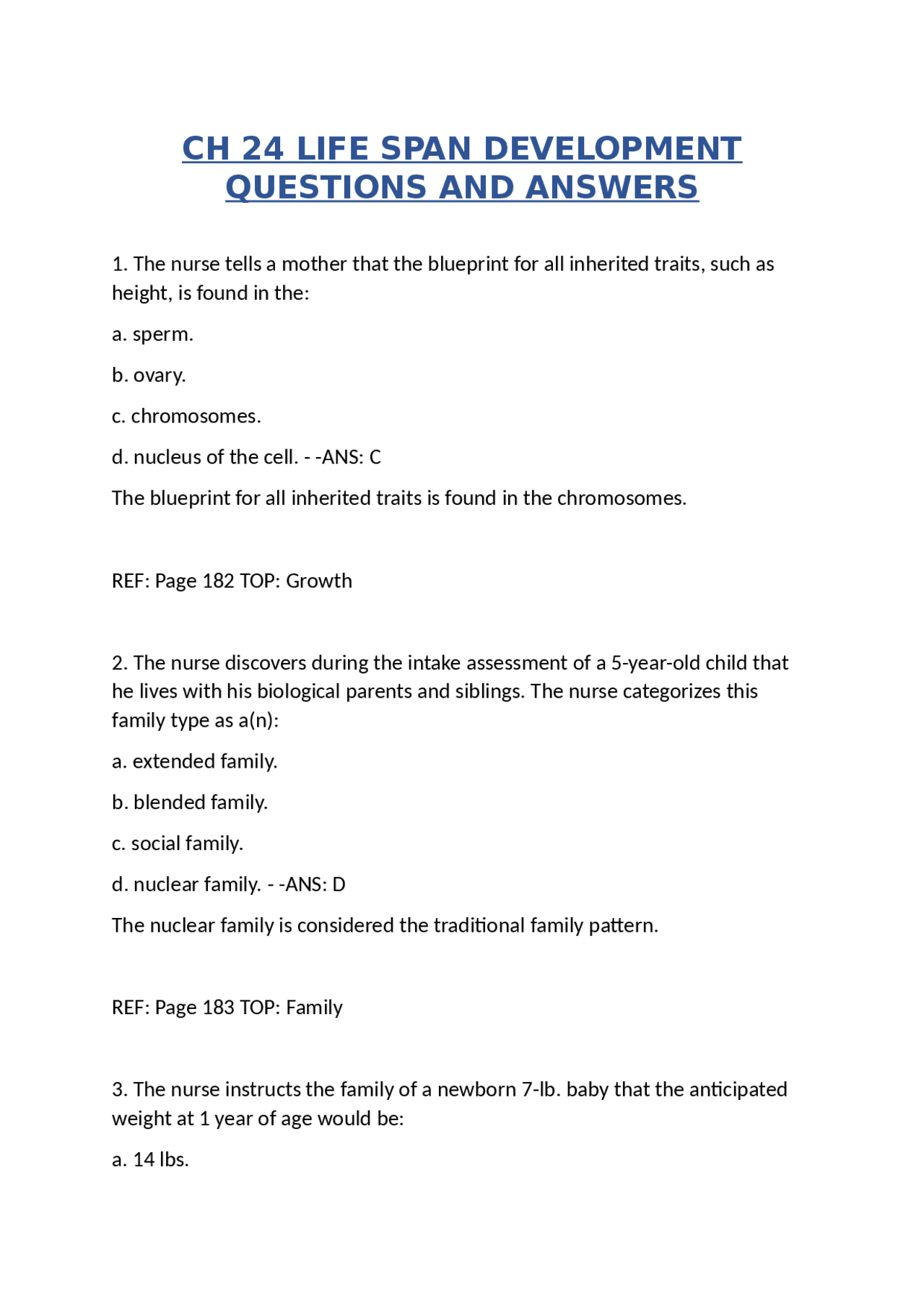 Life Span Development: Questions and Answers | Exams Advanced Education ...