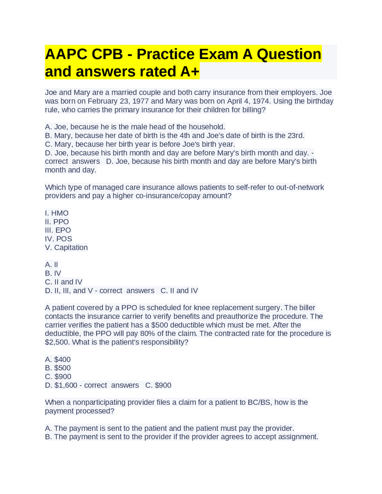 AAPC CPB Practice Exam A: Medical Billing Questions and Answers | Exams Nursing | Docsity