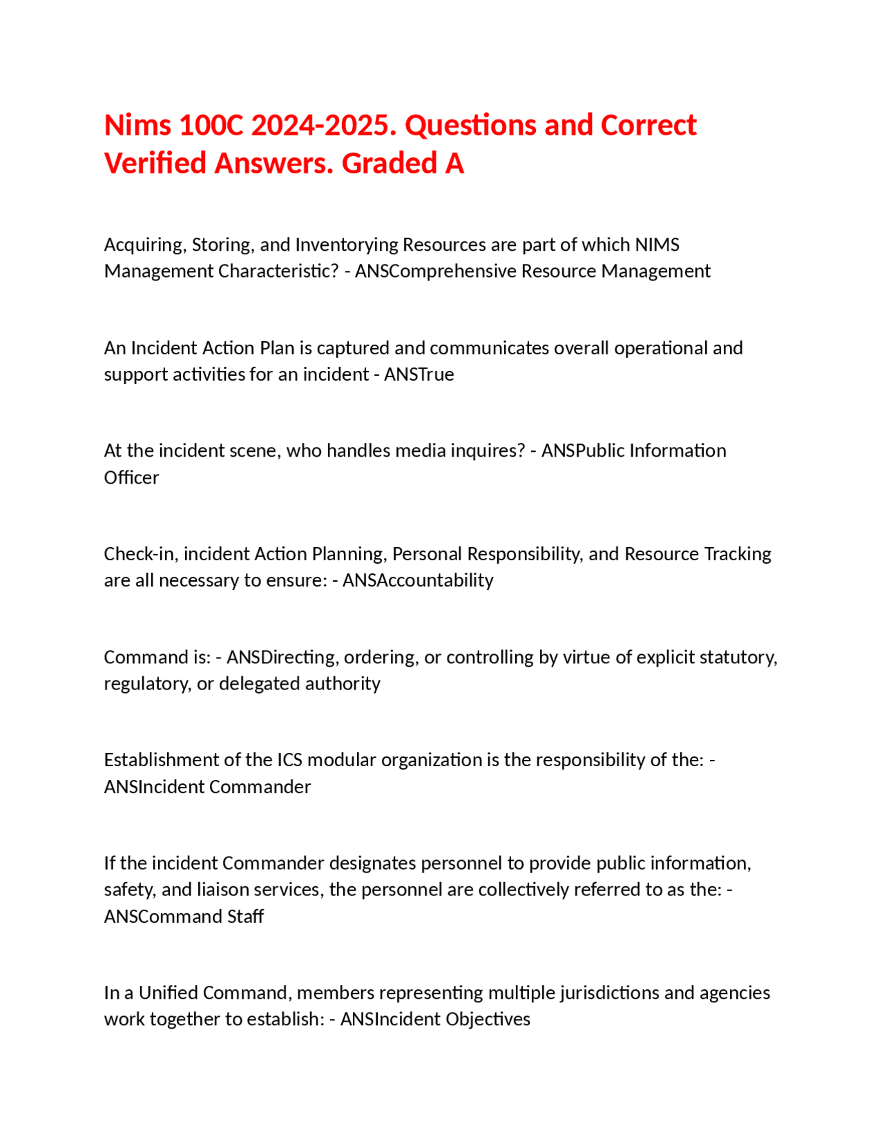 NIMS 100C 2024-2025: Questions and Answers | Exams Management Theory ...