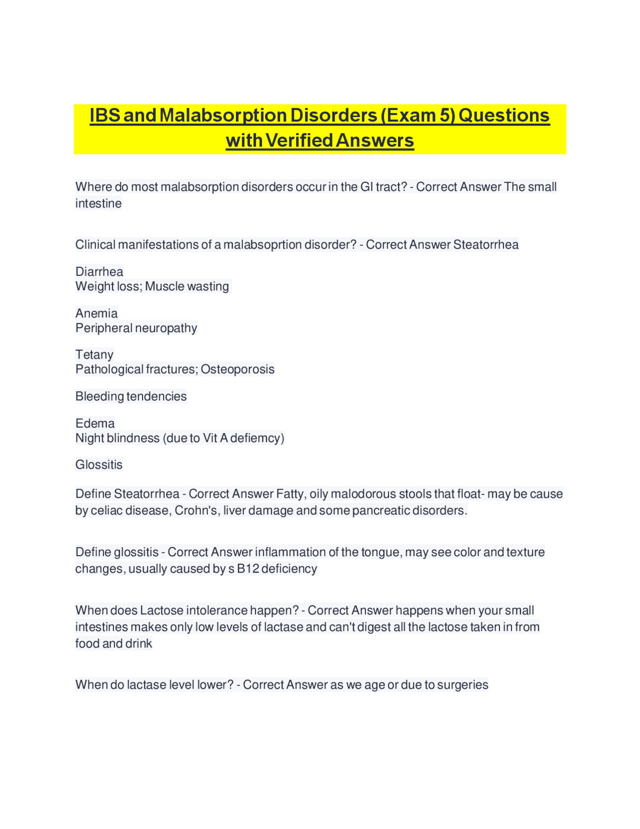 IBS and Malabsorption Disorders: Exam 5 Questions and Answers | Exams ...
