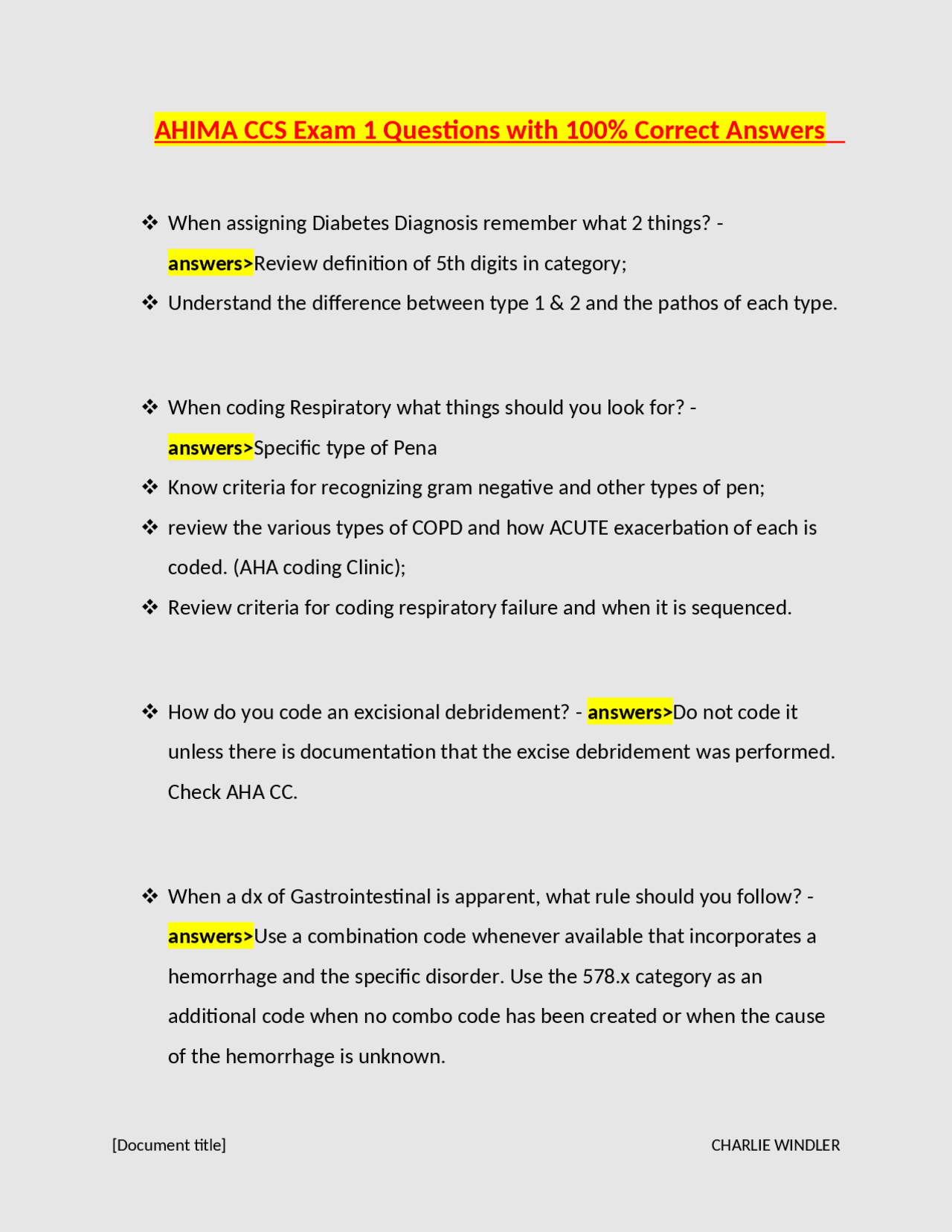 AHIMA CCS Exam 1 Questions and Answers | Exams Nursing | Docsity