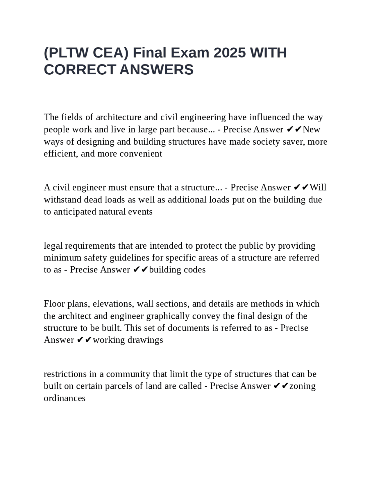PLTW CEA Final Exam 2025 with Correct Answers: Architecture and Civil ...