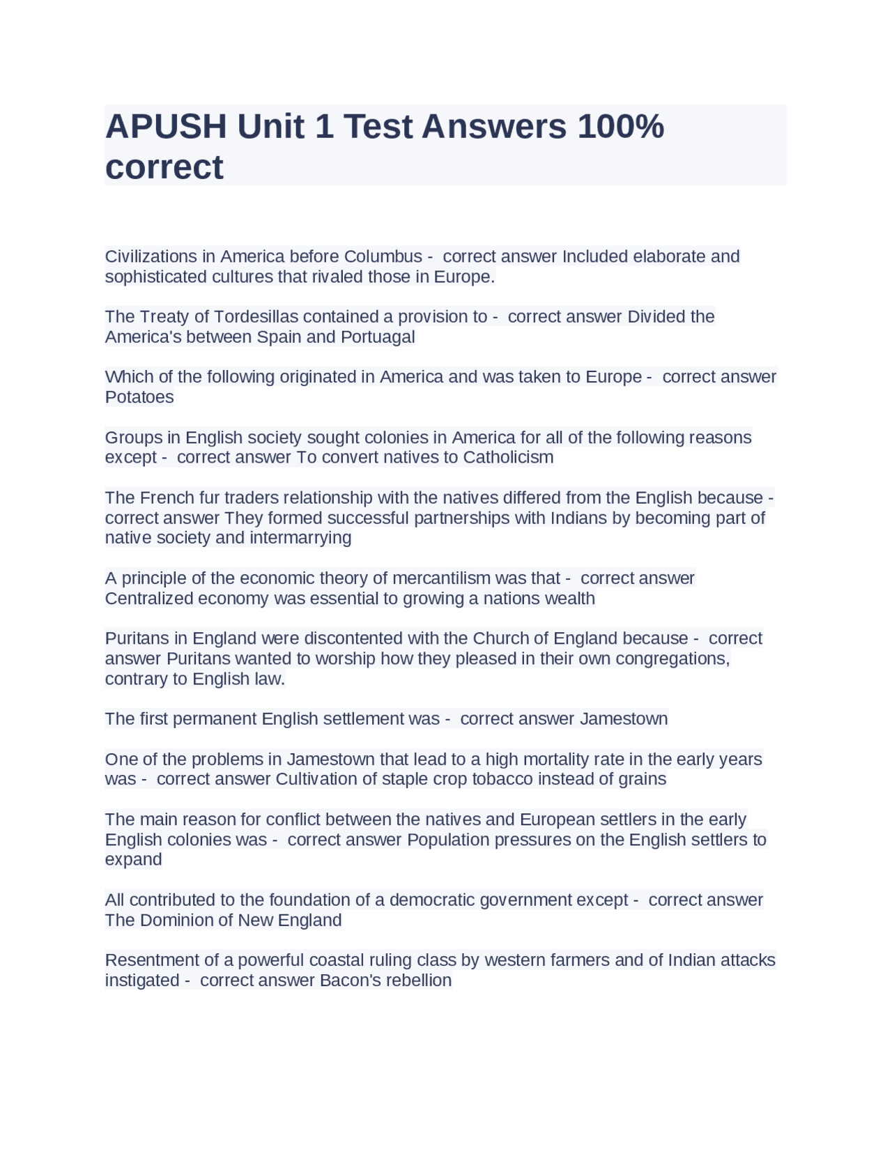 APUSH Unit 1 Test Answers: Early American History | Exams Nursing | Docsity