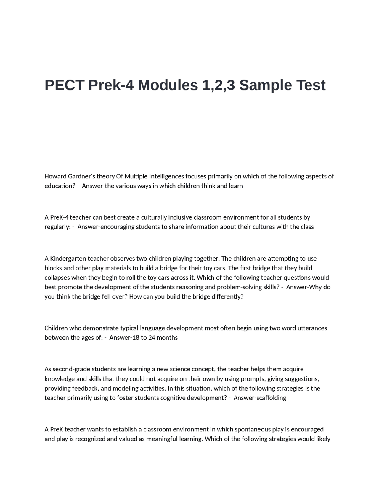 PECT Prek-4 Modules 1,2,3 Sample Test: Multiple Choice Questions and ...