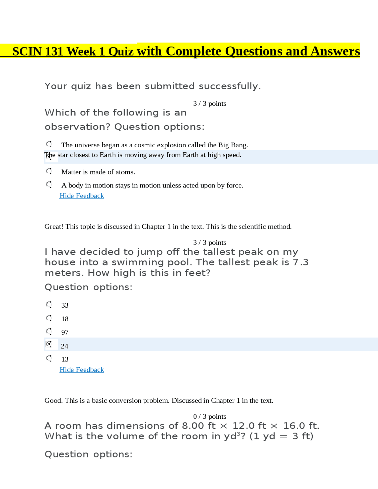 SCIN 131 Week 1 Quiz with Complete Questions and Answers | Exams Nursing | Docsity