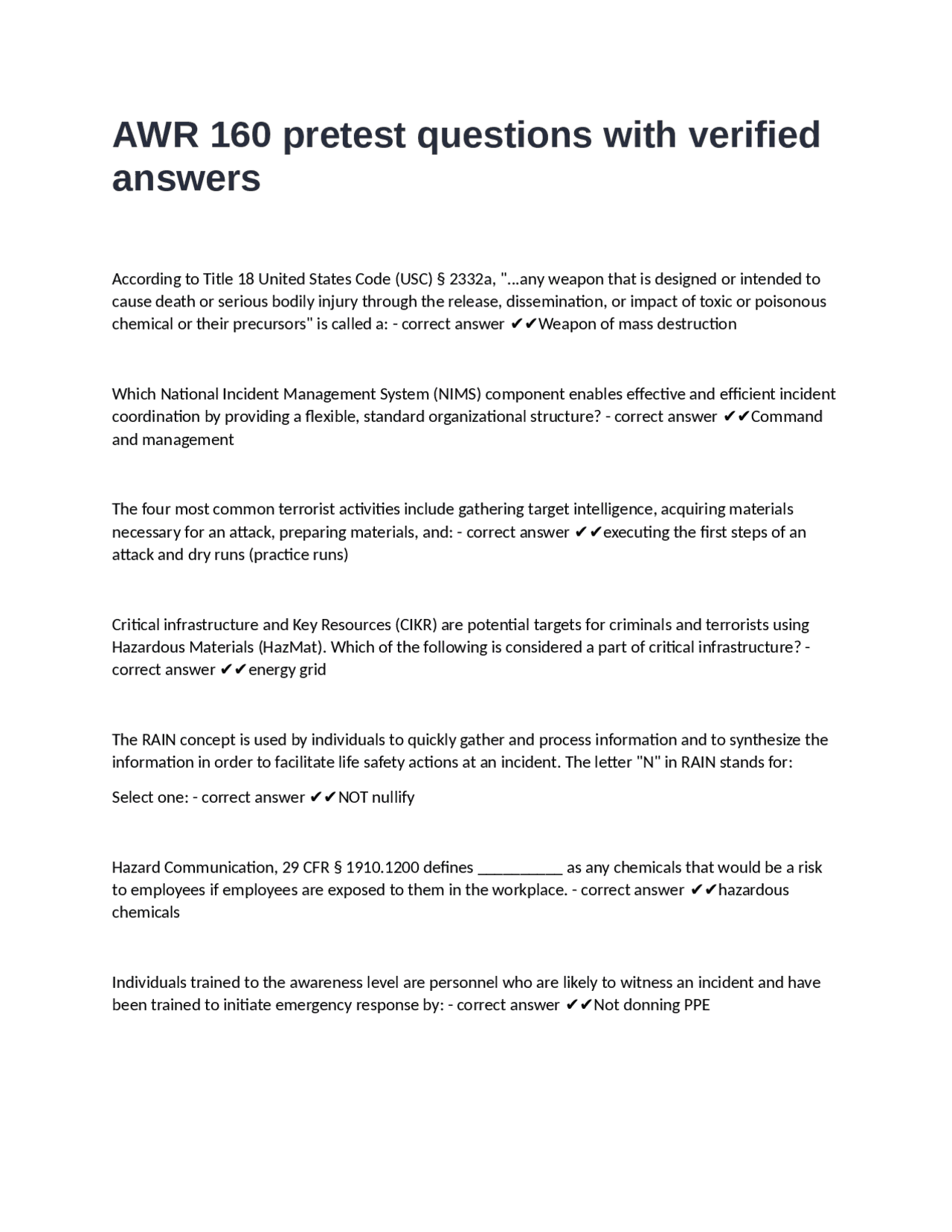 AWR 160 Pretest: Weapons, Hazards, and Explosives | Exams Nursing | Docsity