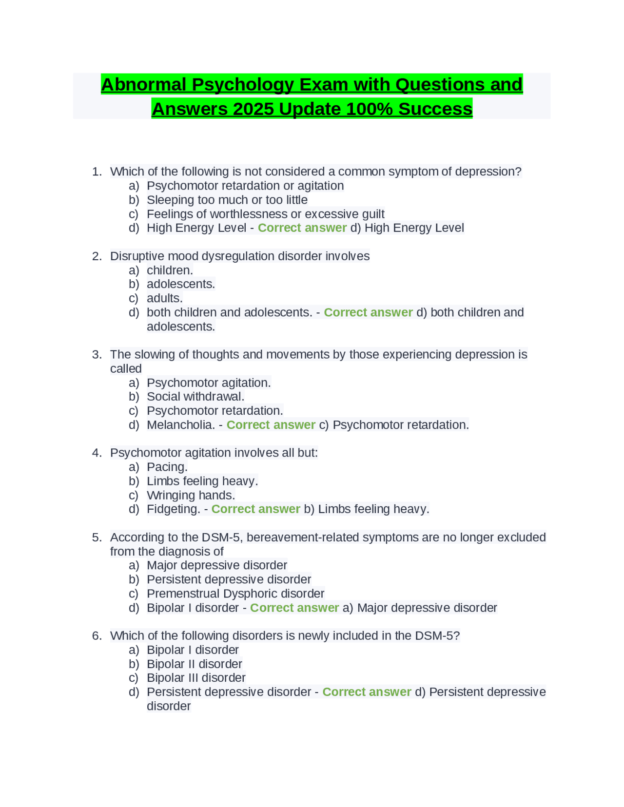 Abnormal Psychology Exam with Questions and Answers 2025 Update 100% ...