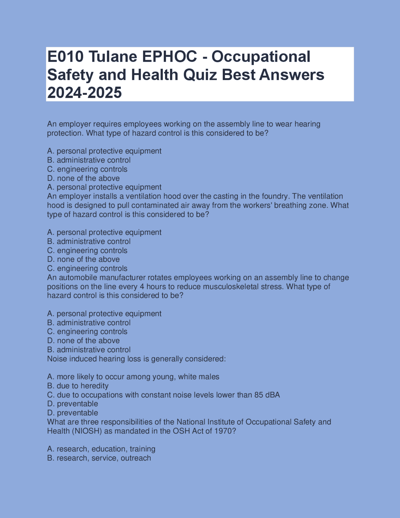 E010 Tulane EPHOC - Occupational Safety and Health Quiz Best Answers ...
