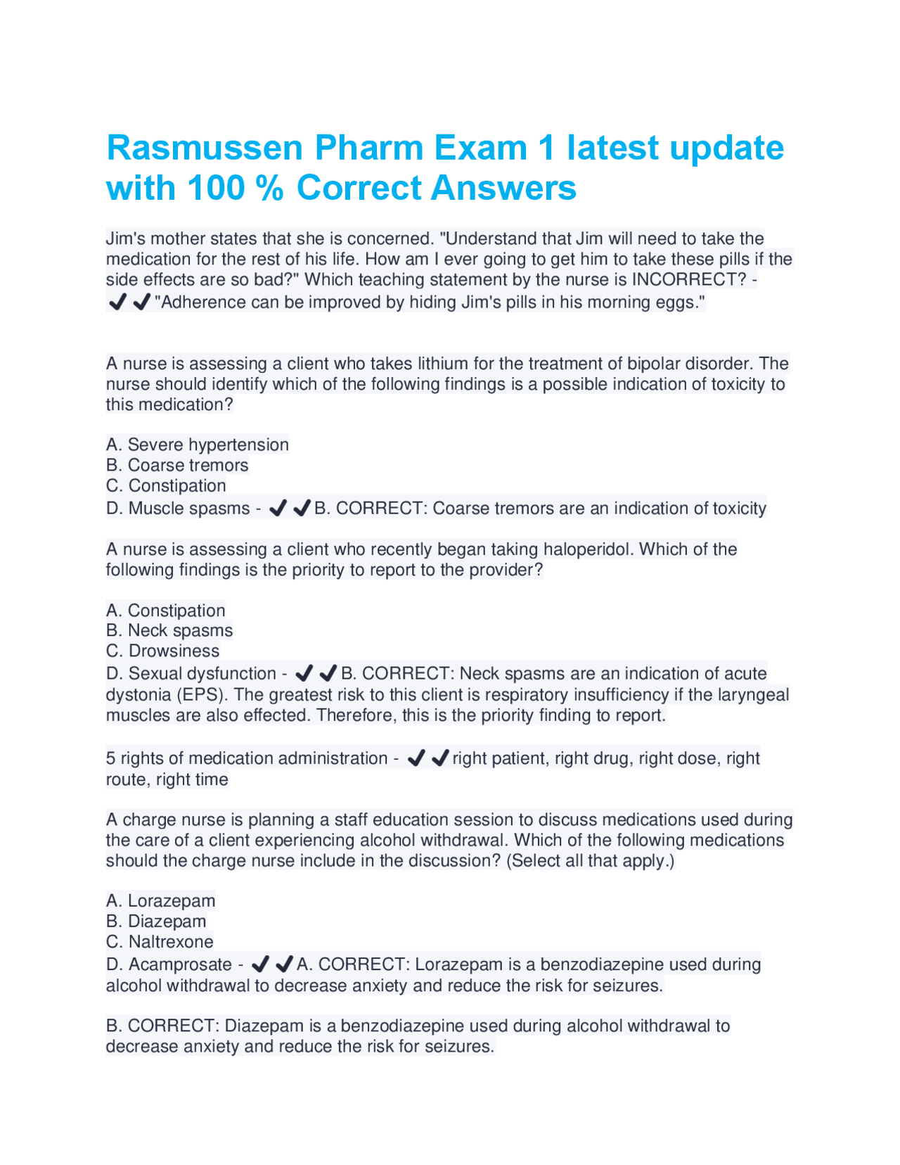 Rasmussen Pharm Exam 1 latest update with 100 % Correct Answers | Exams ...