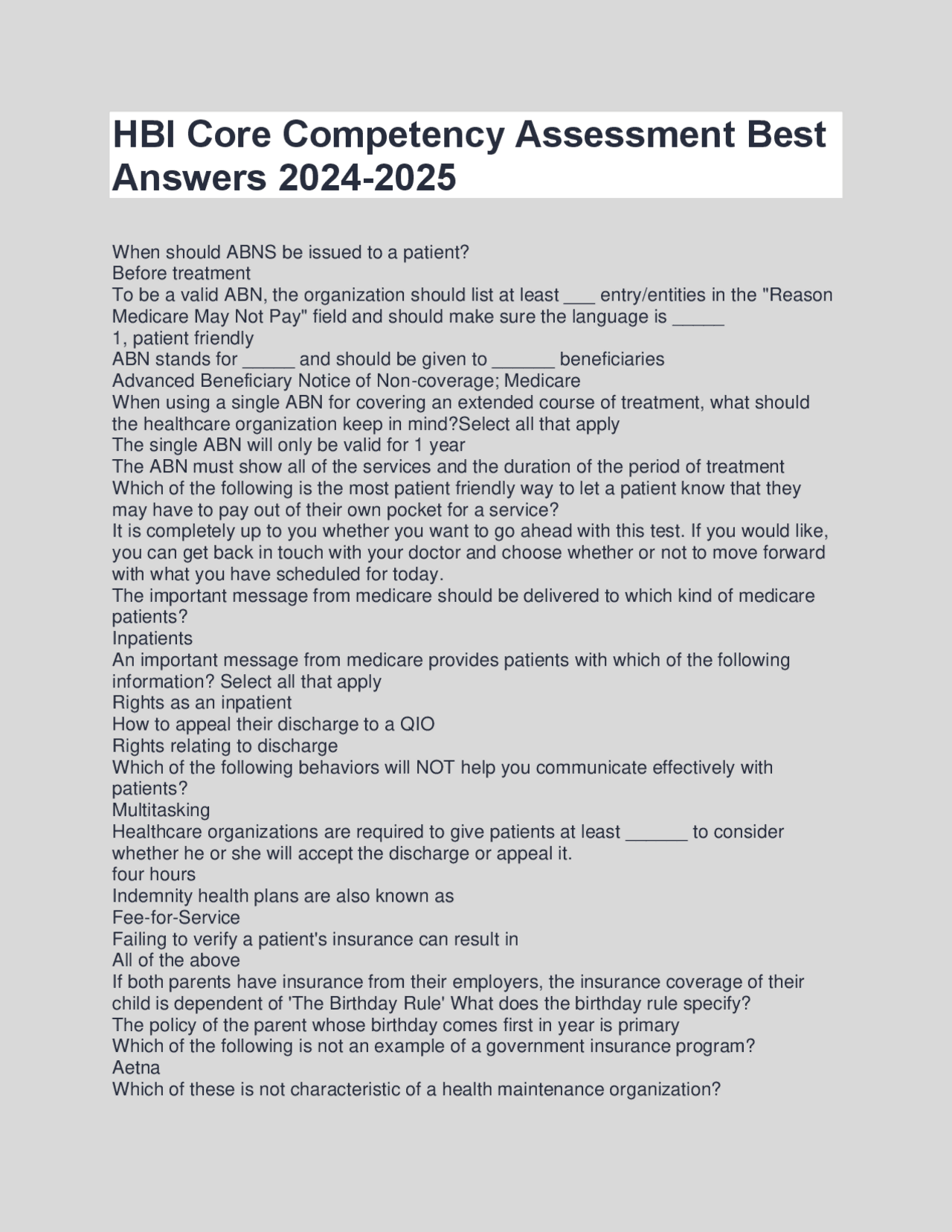 HBI Core Competency Assessment Best Answers 2024-2025 | Exams Health ...