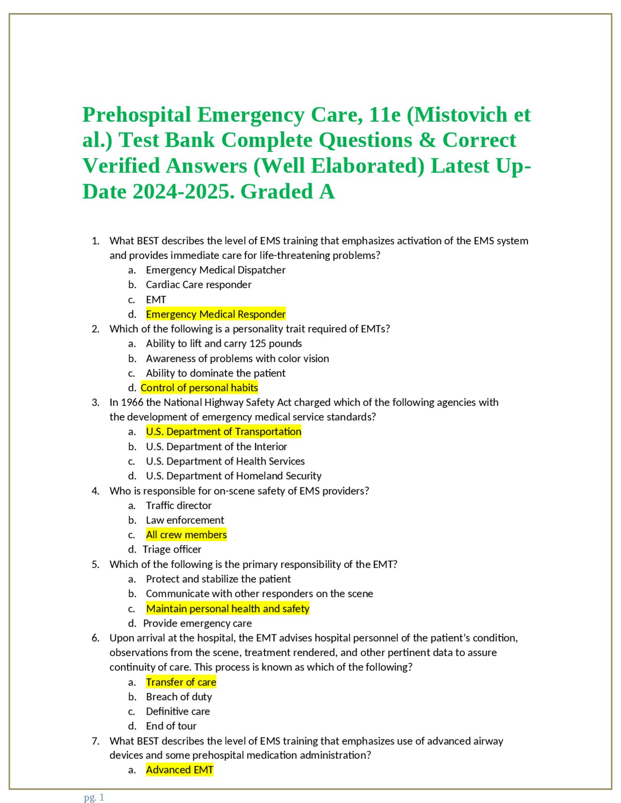 Prehospital Emergency Care Test Bank: Multiple Choice Questions and ...