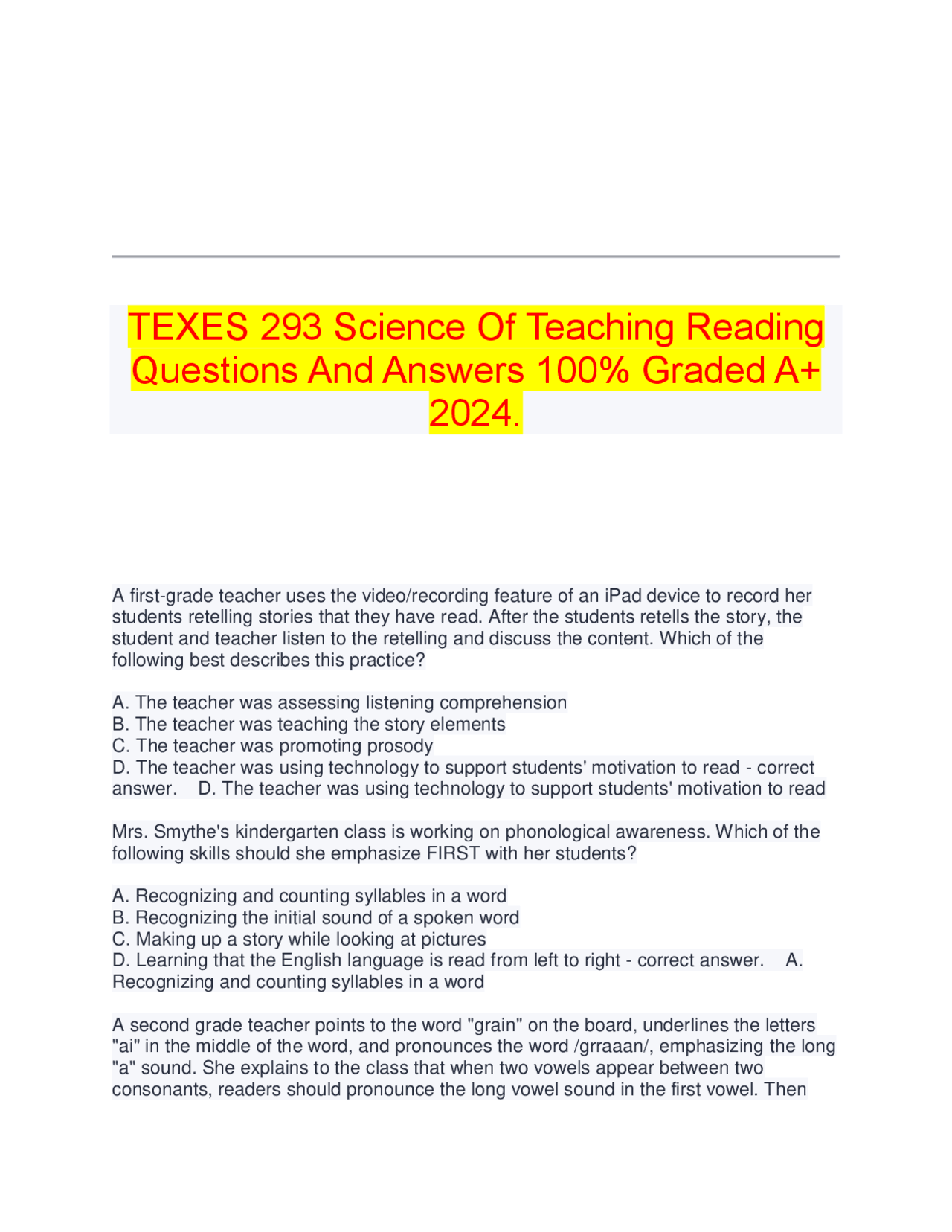 TEXES 293 Science of Teaching Reading: Questions and Answers | Exams ...