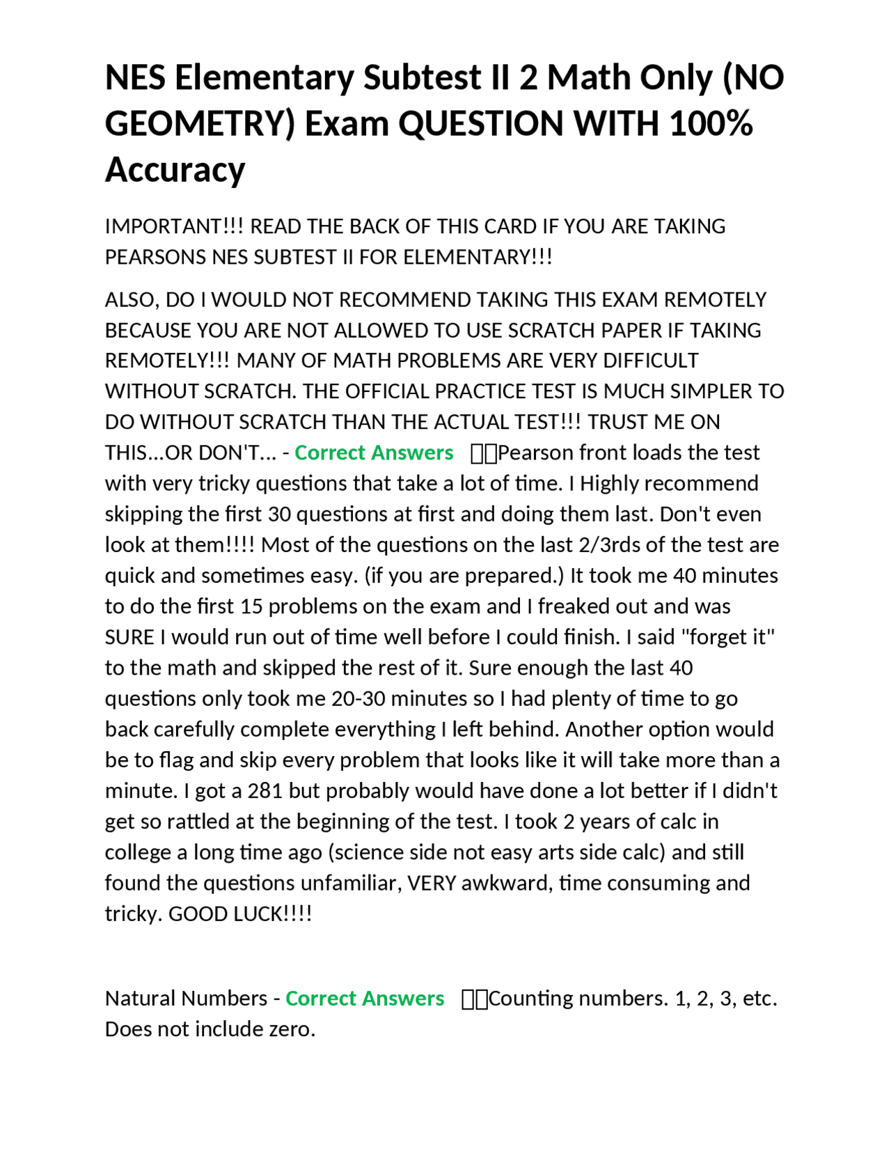 NES Elementary Subtest II 2 Math Only (NO GEOMETRY) Exam Preparation ...