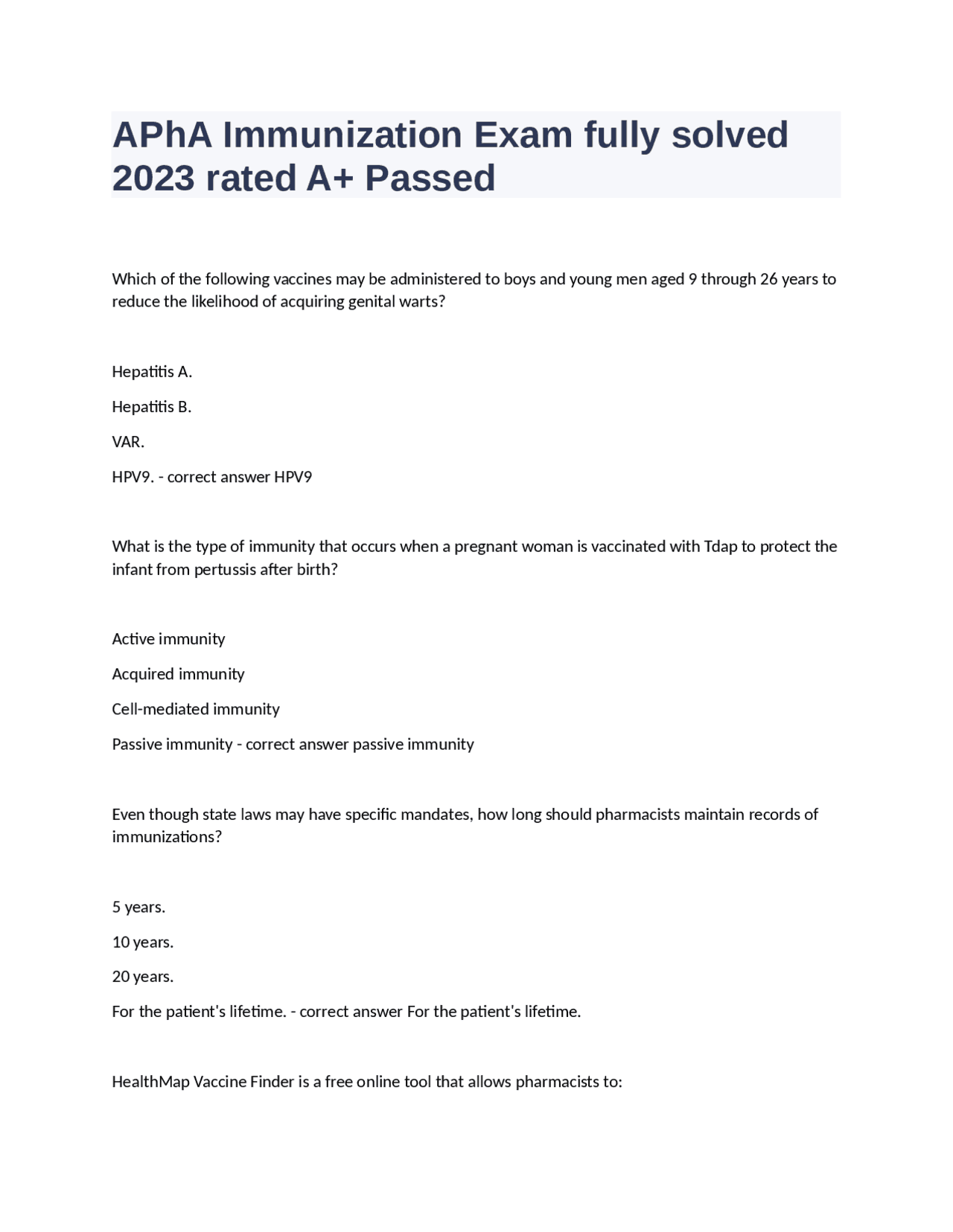 Immunization Exam Questions and Answers | Exams Nursing | Docsity