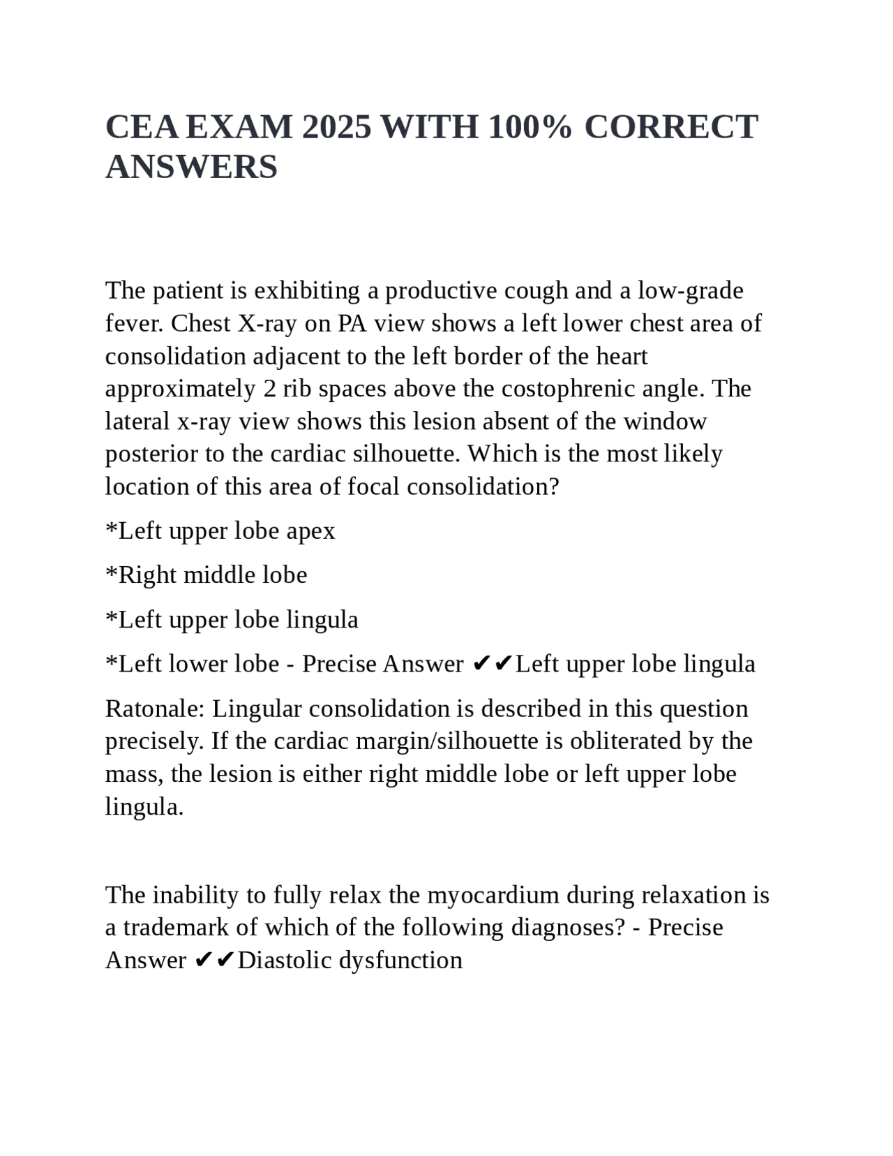 CEA EXAM 2025 WITH 100% CORRECT ANSWERS | Exams Nursing | Docsity