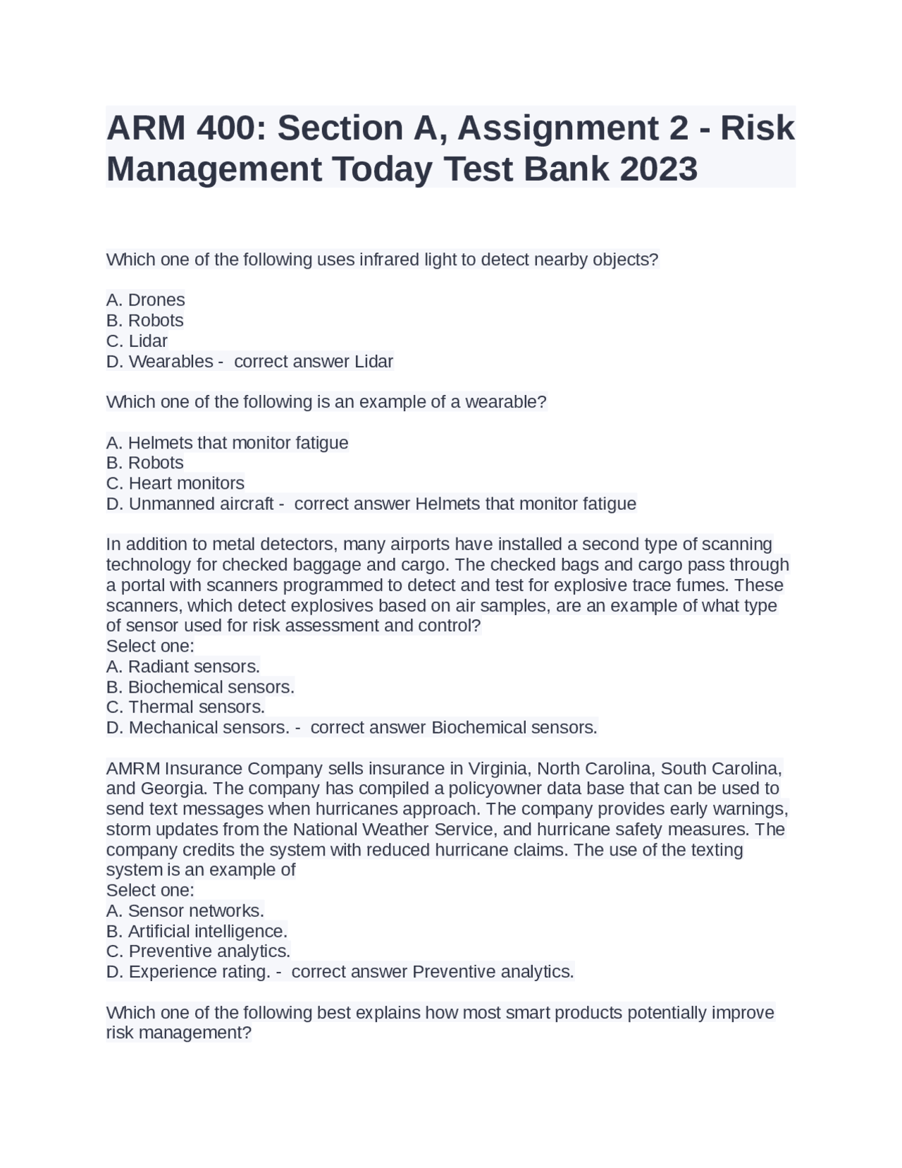 ARM 400: Section A, Assignment 2 - Risk Management Today Test Bank 2023 ...