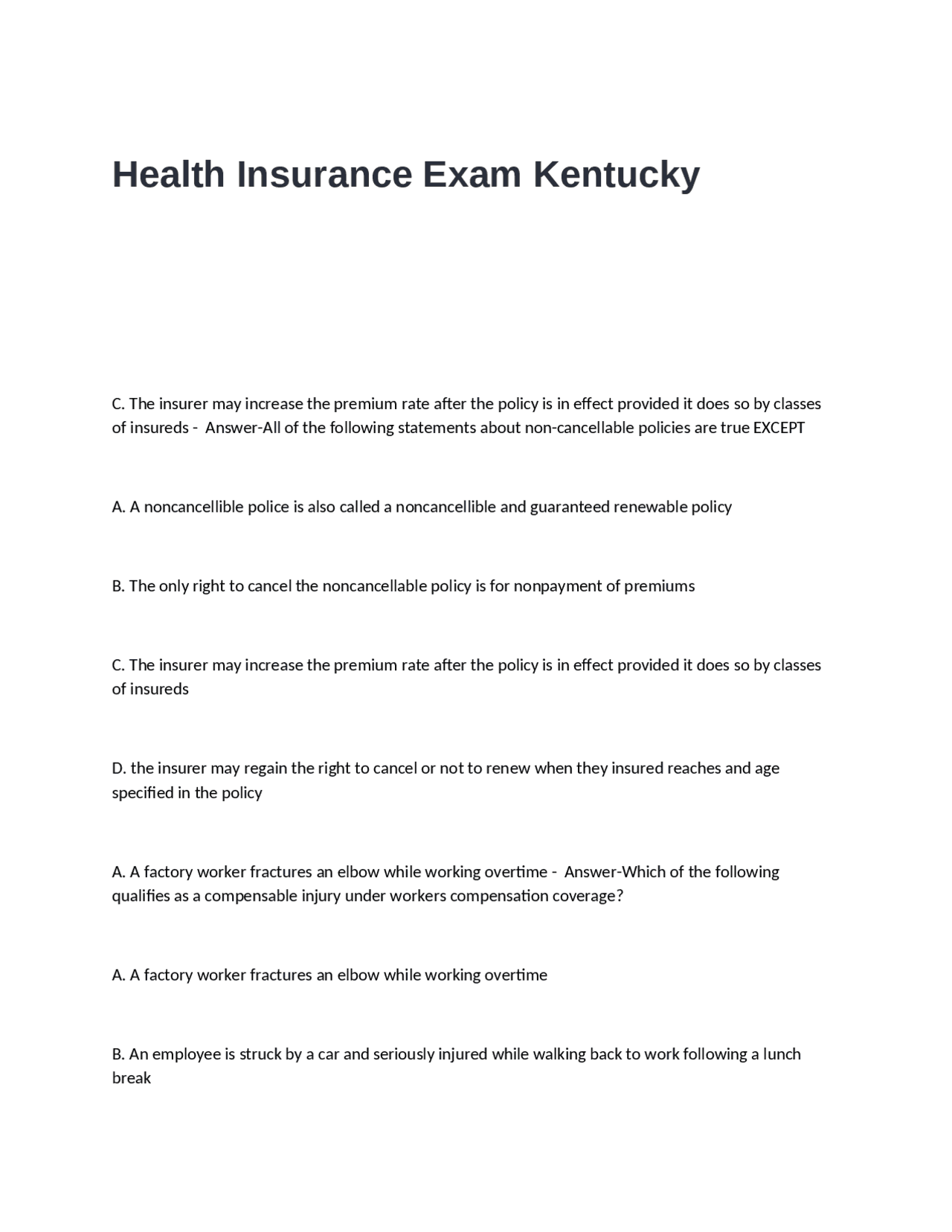 Health Insurance Exam: Multiple Choice Questions and Answers | Exams ...
