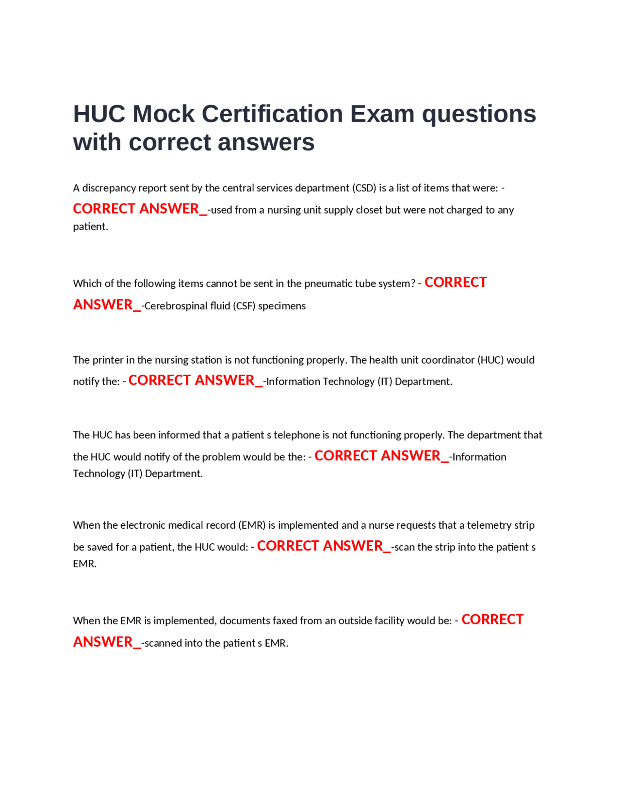 HUC Mock Certification Exam Questions and Answers | Exams Nursing | Docsity
