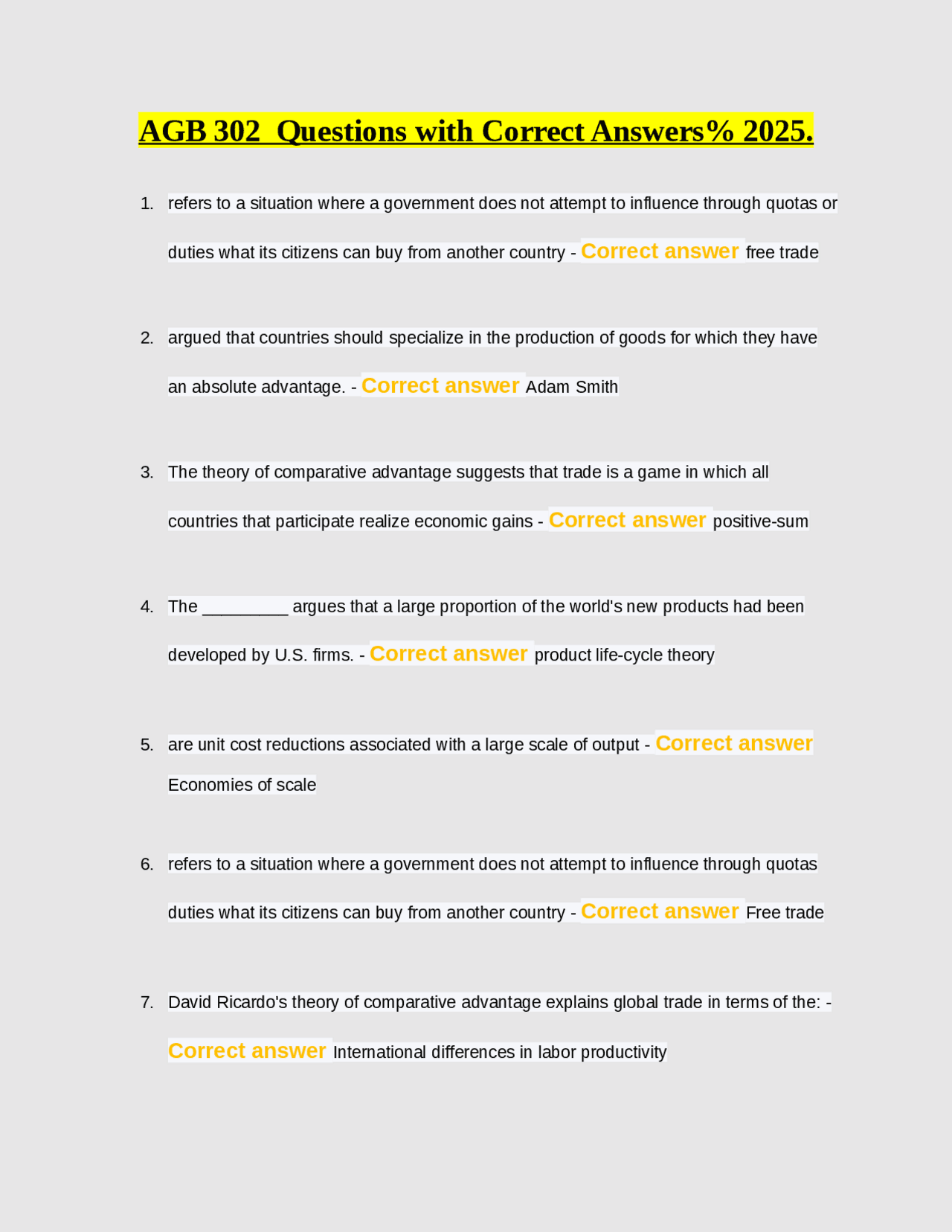 International Trade: Questions and Answers | Exams Nursing | Docsity