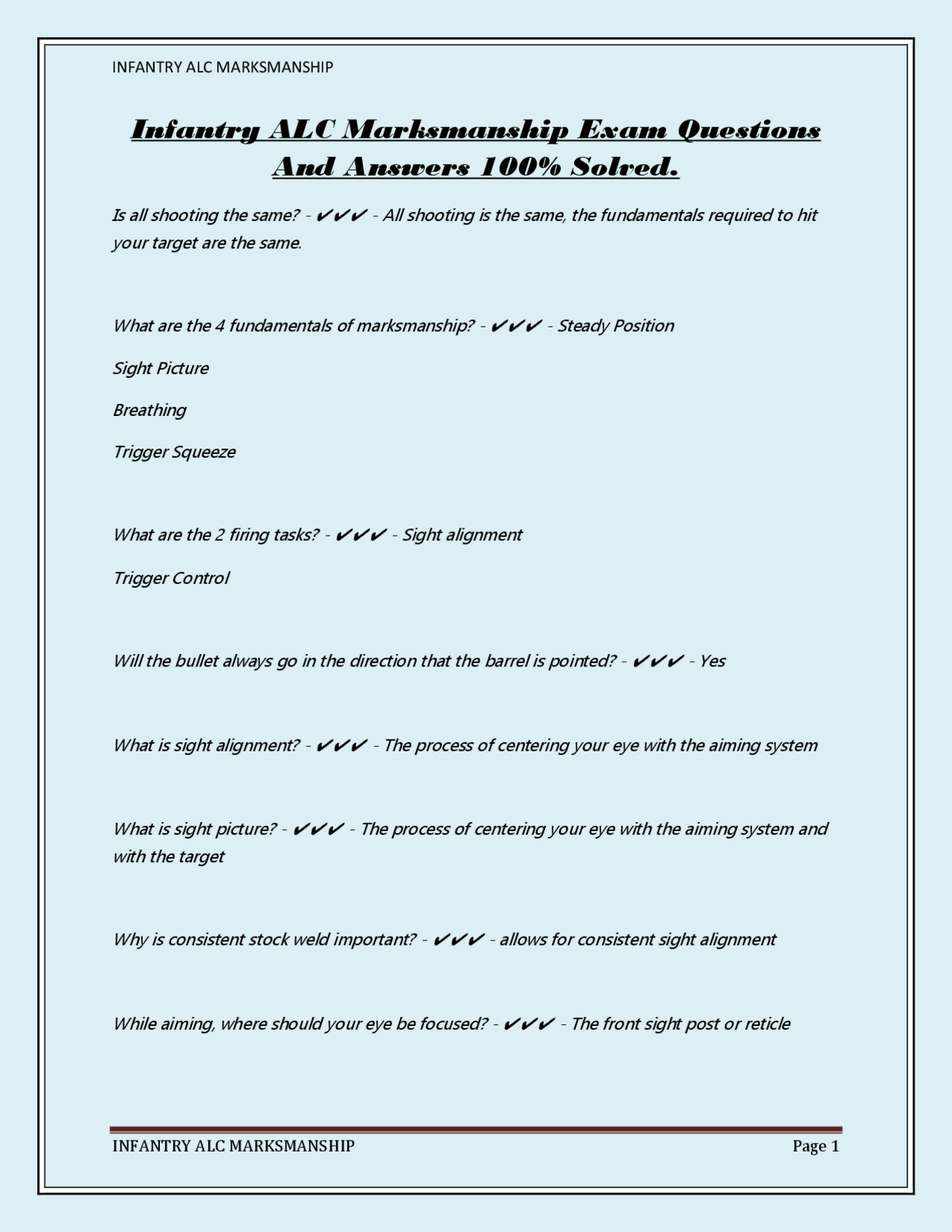 Infantry ALC Marksmanship Exam Questions and Answers | Exams Advanced ...