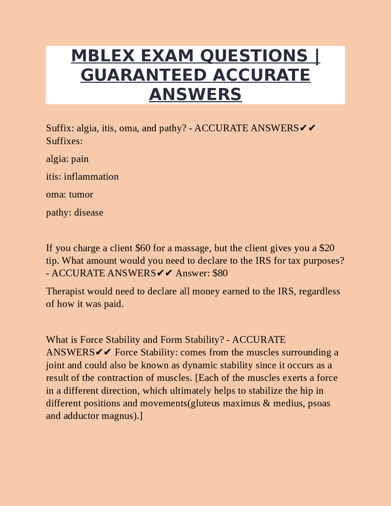 MBLEX EXAM QUESTIONS |GUARANTEED ACCURATE ANSWERS | Exams Nursing | Docsity