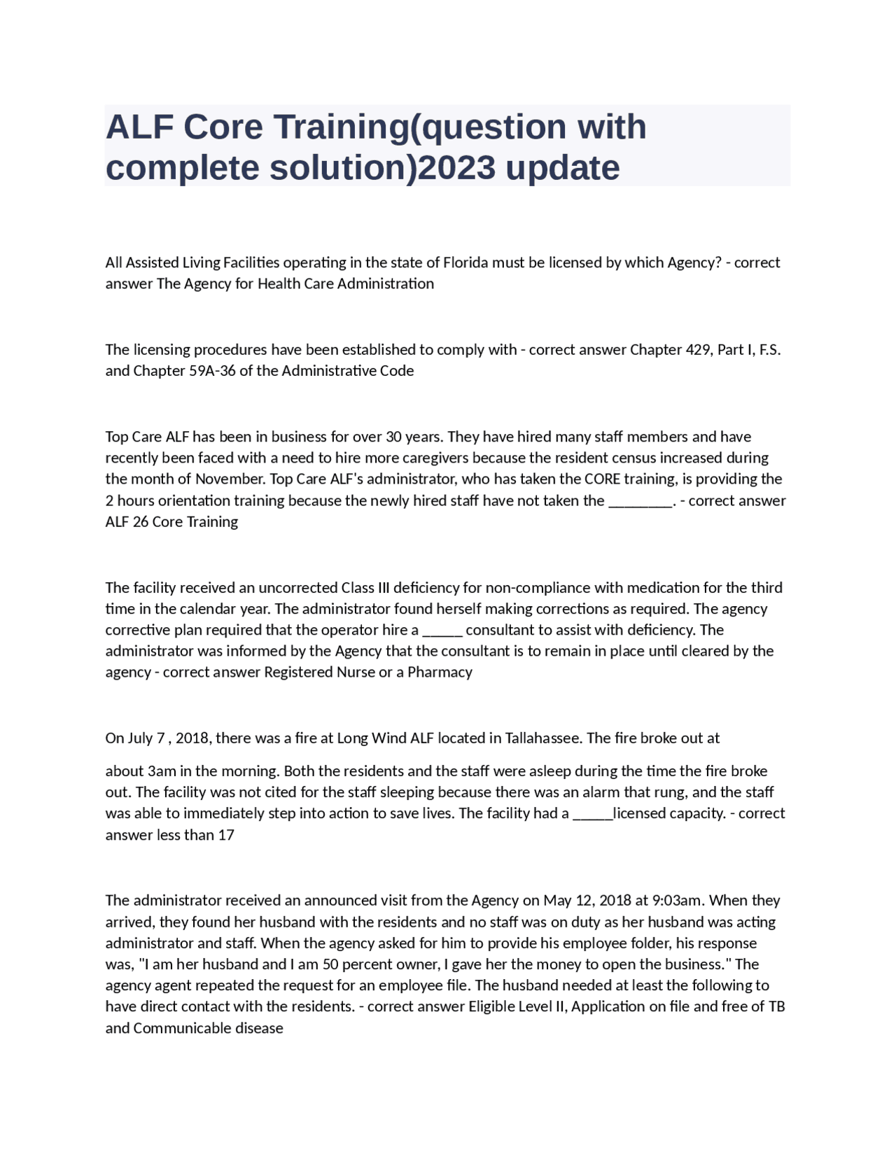 ALF Core Training: Questions and Answers for Assisted Living Facilities ...