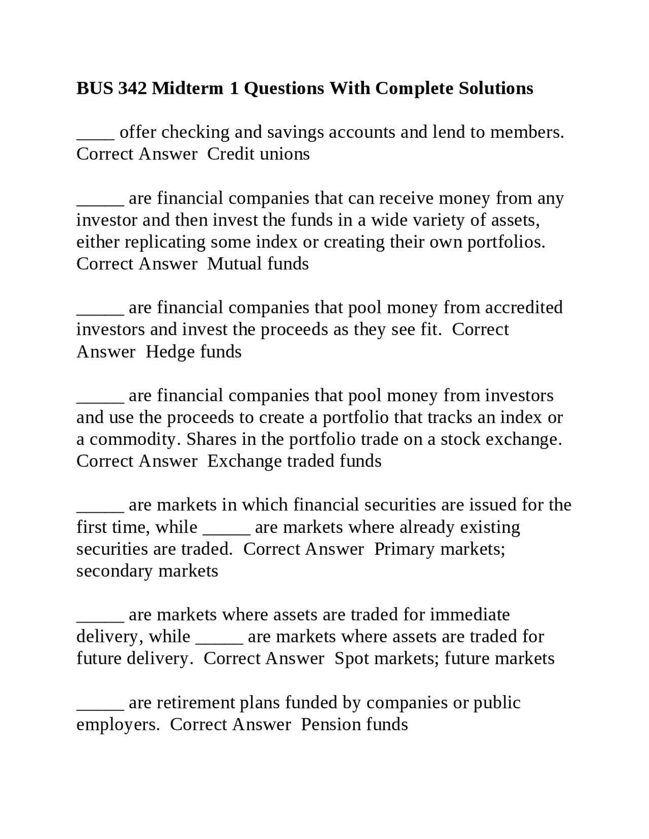 BUS 342 Midterm 1 Questions and Answers: Finance Fundamentals | Exams ...