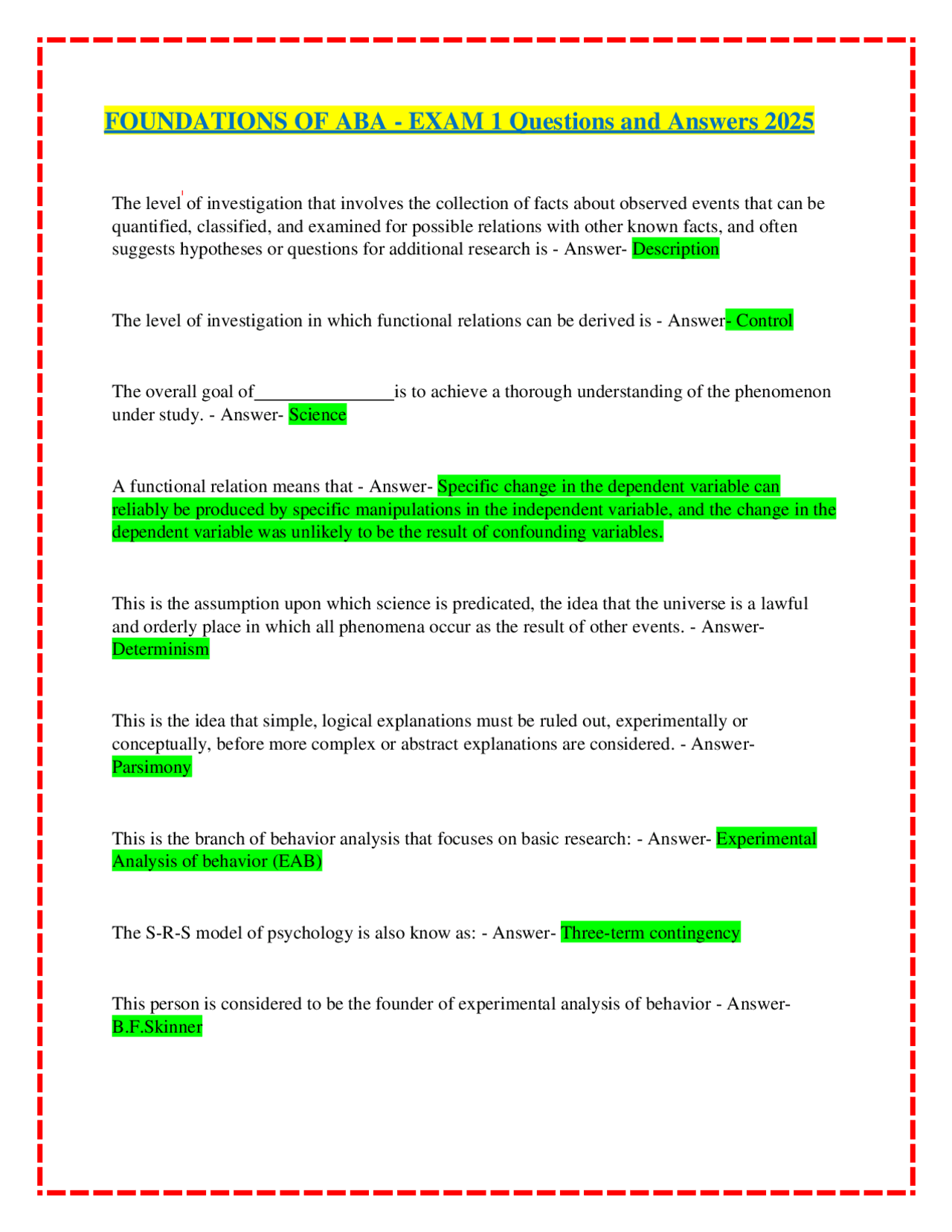 Foundations of Applied Behavior Analysis (ABA) - Exam 1 Questions and ...
